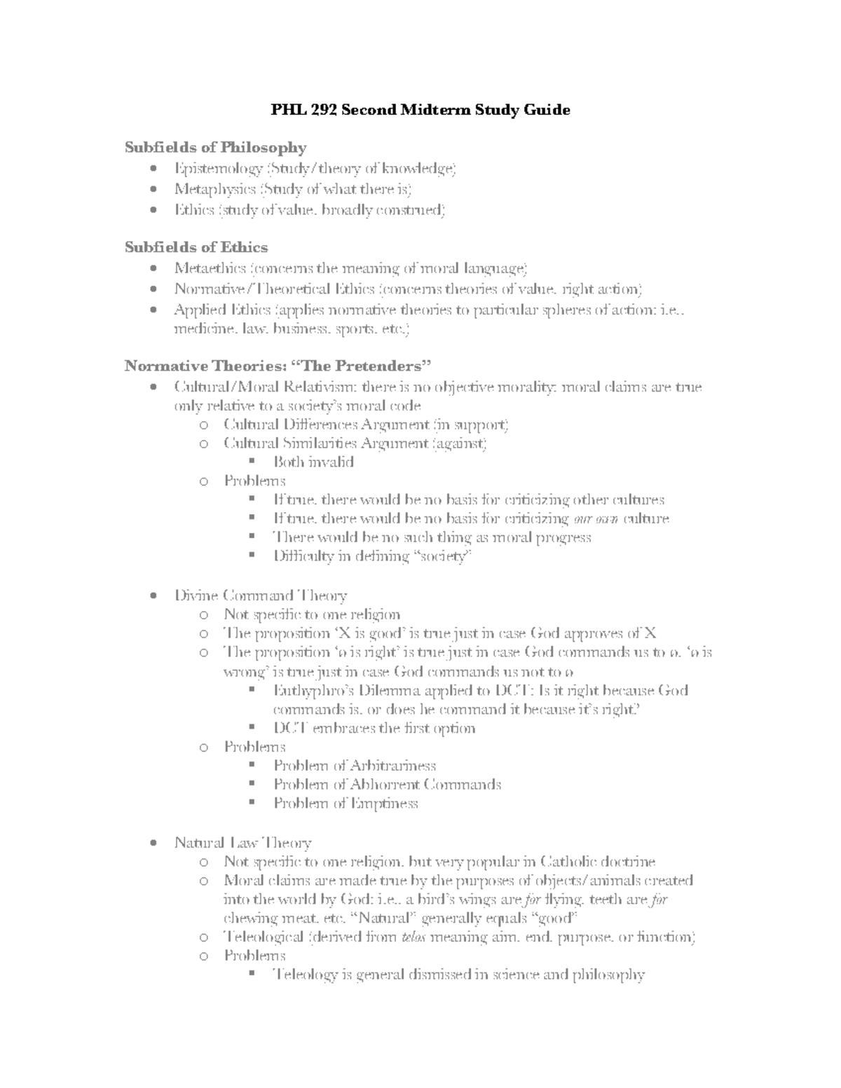 PHL Exam 2 study guide - PHL 292 Second Midterm Study Guide Subfields ...