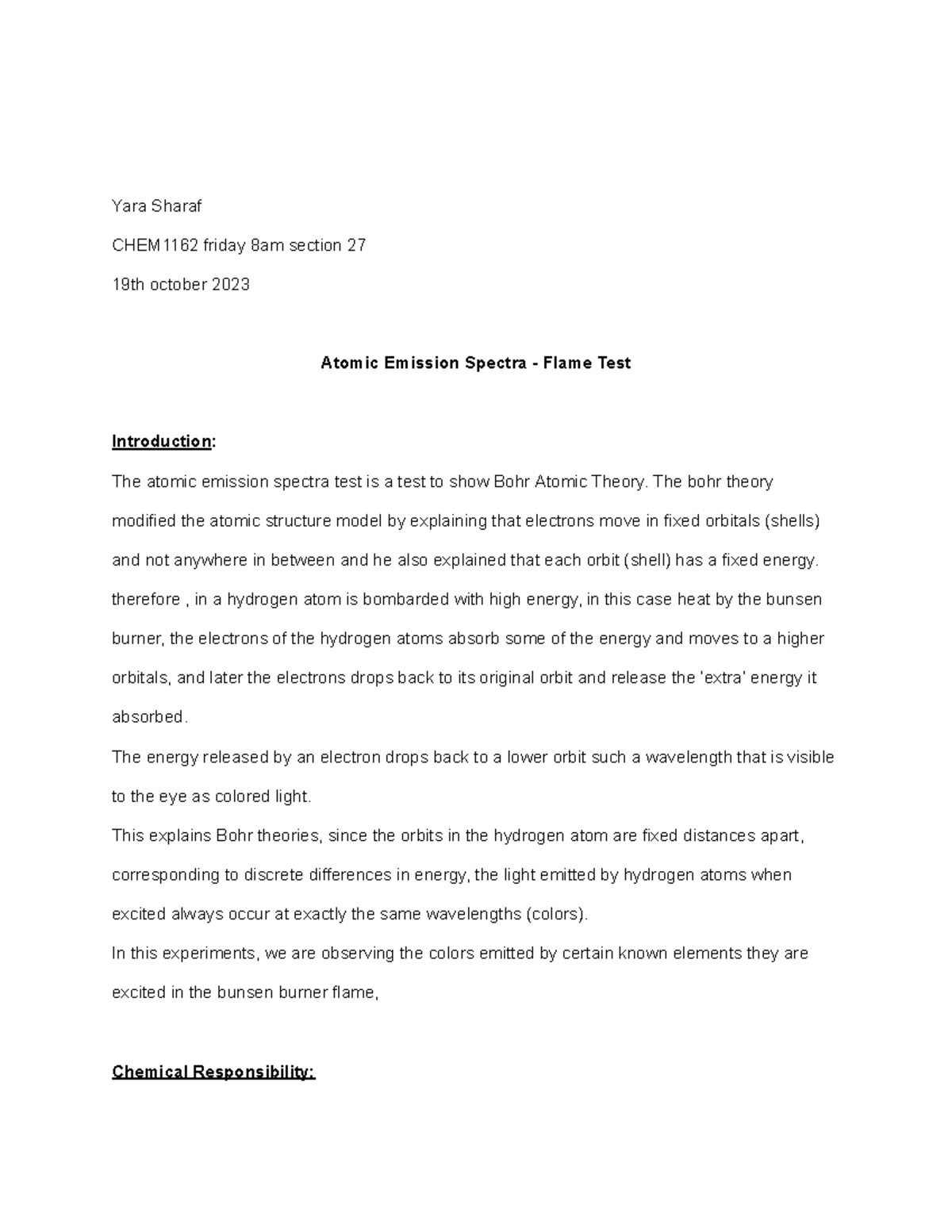 Atomic emission spectra- flame test lab report - Yara Sharaf CHEM1162 ...