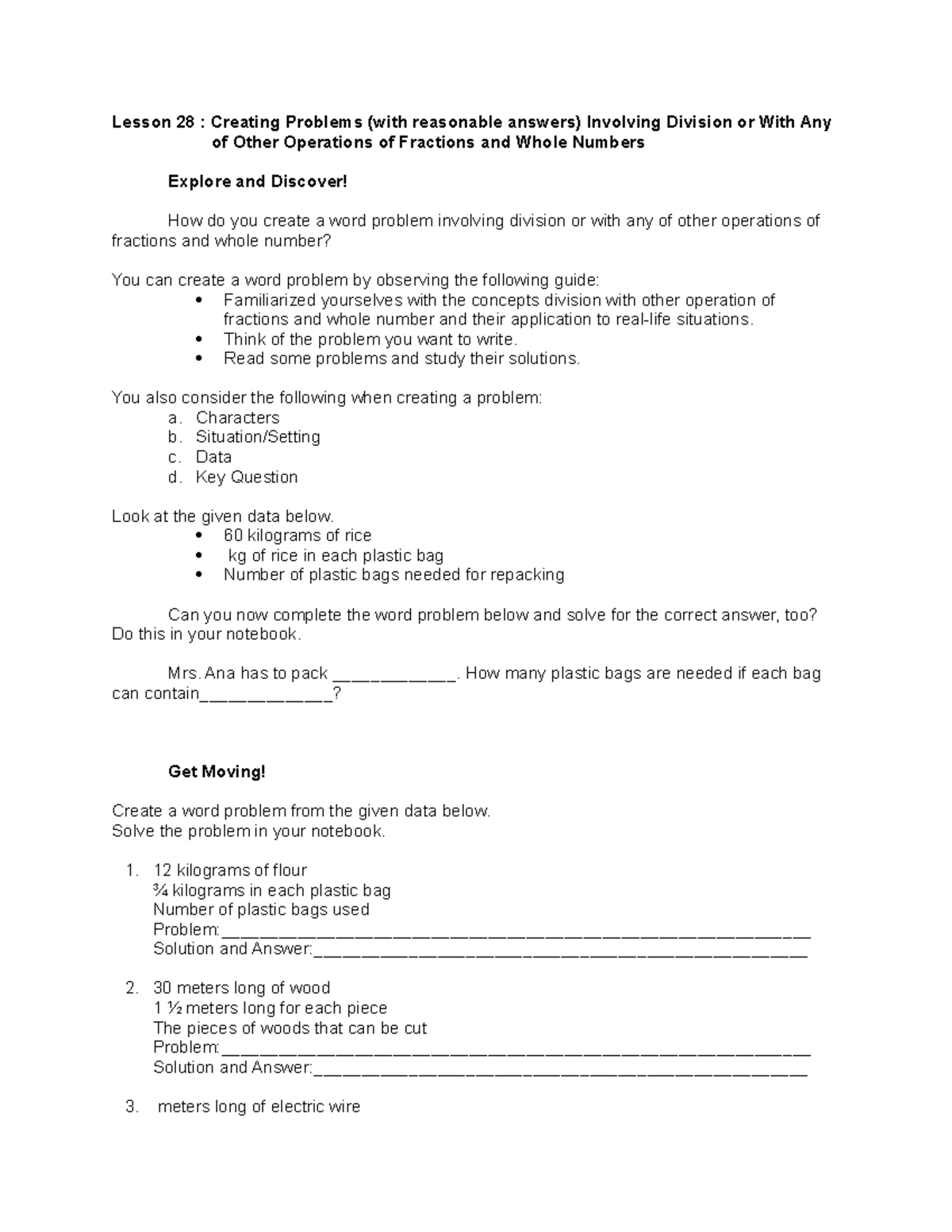 QRT 1 WEEK 10 LM Lesson 28 - Lesson 28 : Creating Problems (with ...