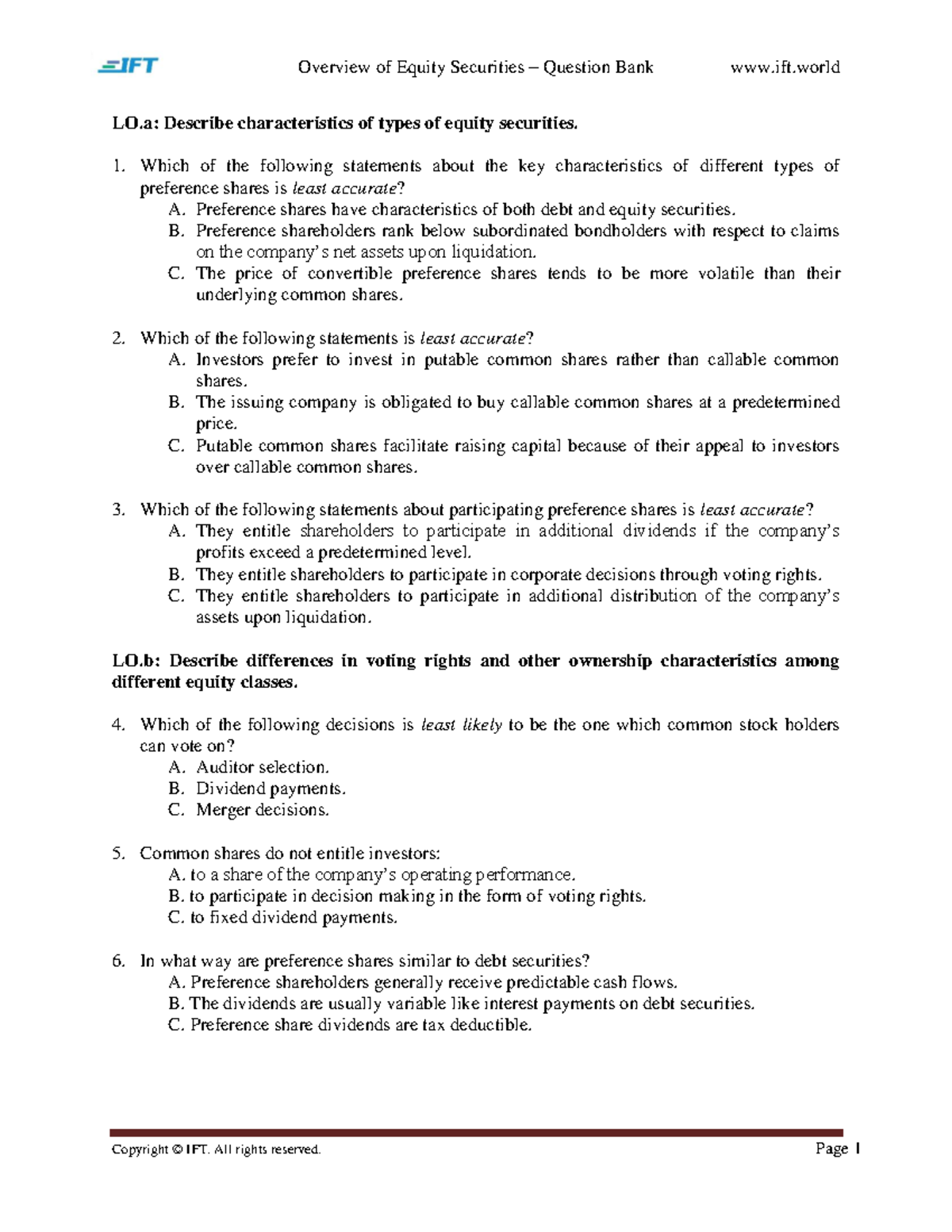 R48 Overview of Equity Securities Q Bank - LO: Describe characteristics ...