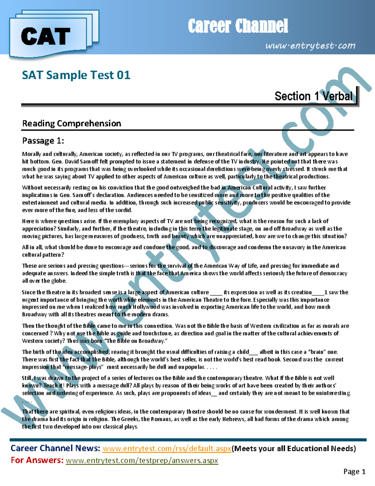 Sat sample test 01 - ascasz - CAT entrytest Career Channel News ...