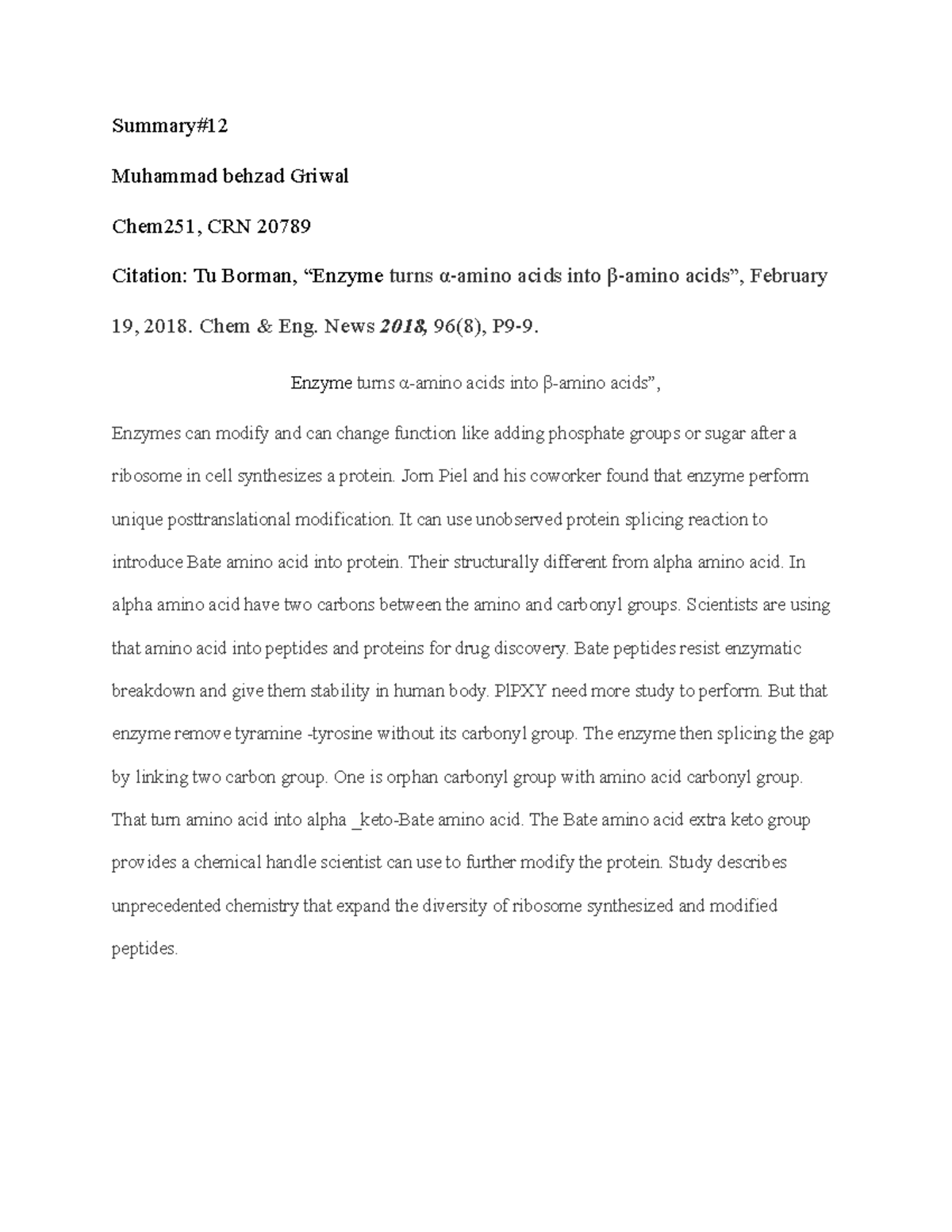 Summary 12 - Summary# Muhammad behzad Griwal Chem251, CRN 20789 ...