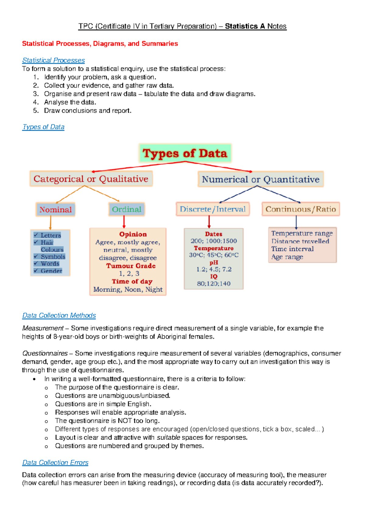 Tertiary Preparation Certificate - Tpcstt 001 (Statistics A) Notes ...