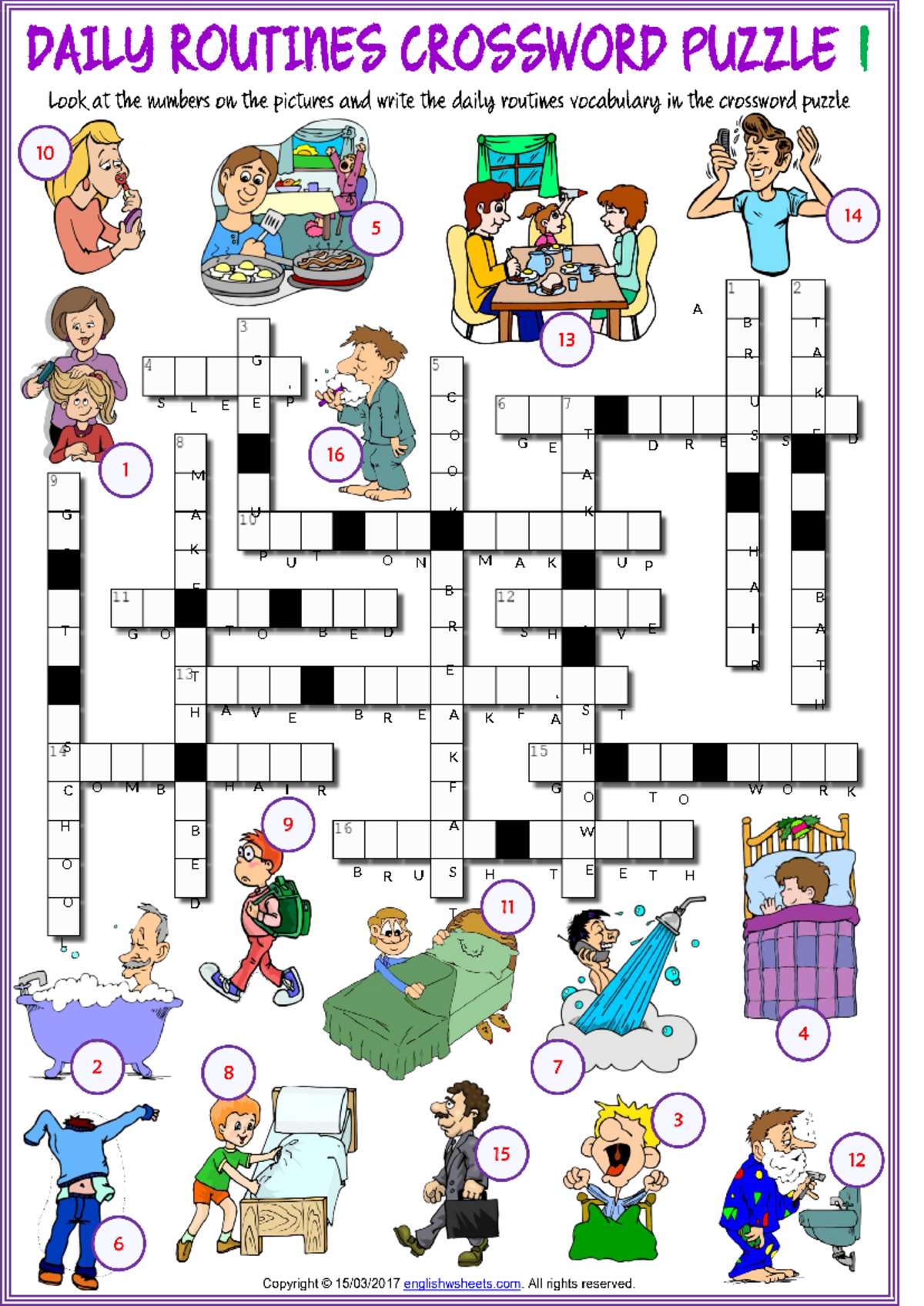 Daily routines vocabulary esl crossword puzzle crucigrama - Gestión ...