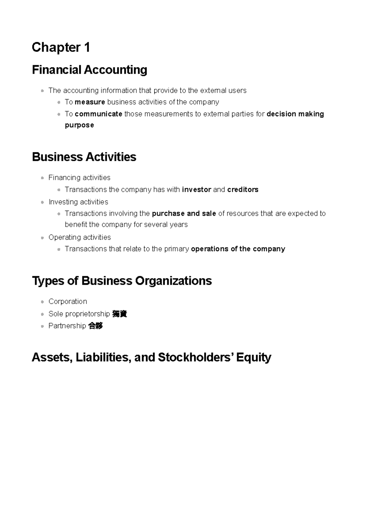 Cb2100 lecture1 - Chapter 1 Financial Accounting Business Activities ...
