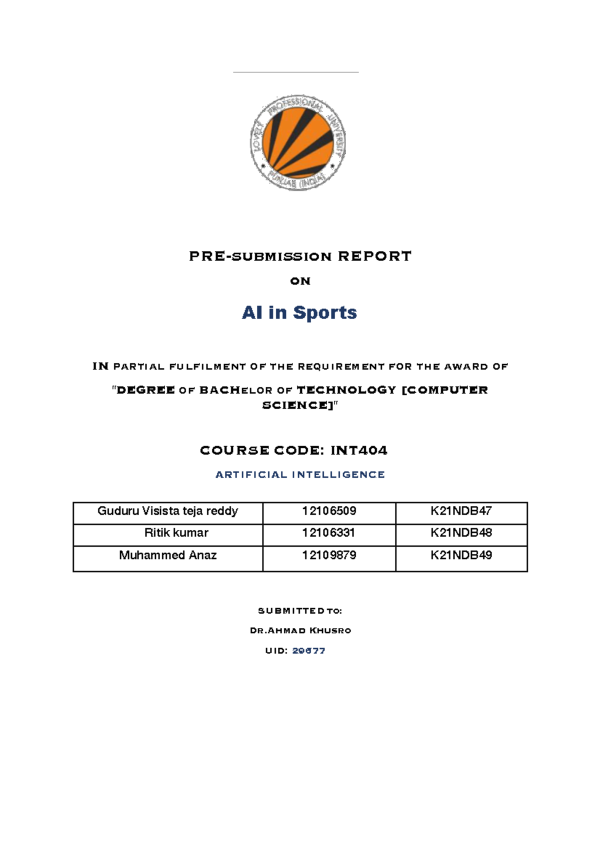 Ai in Sports Sub Report - PRE-SUBMISSION REPORT ON AI in Sports IN ...