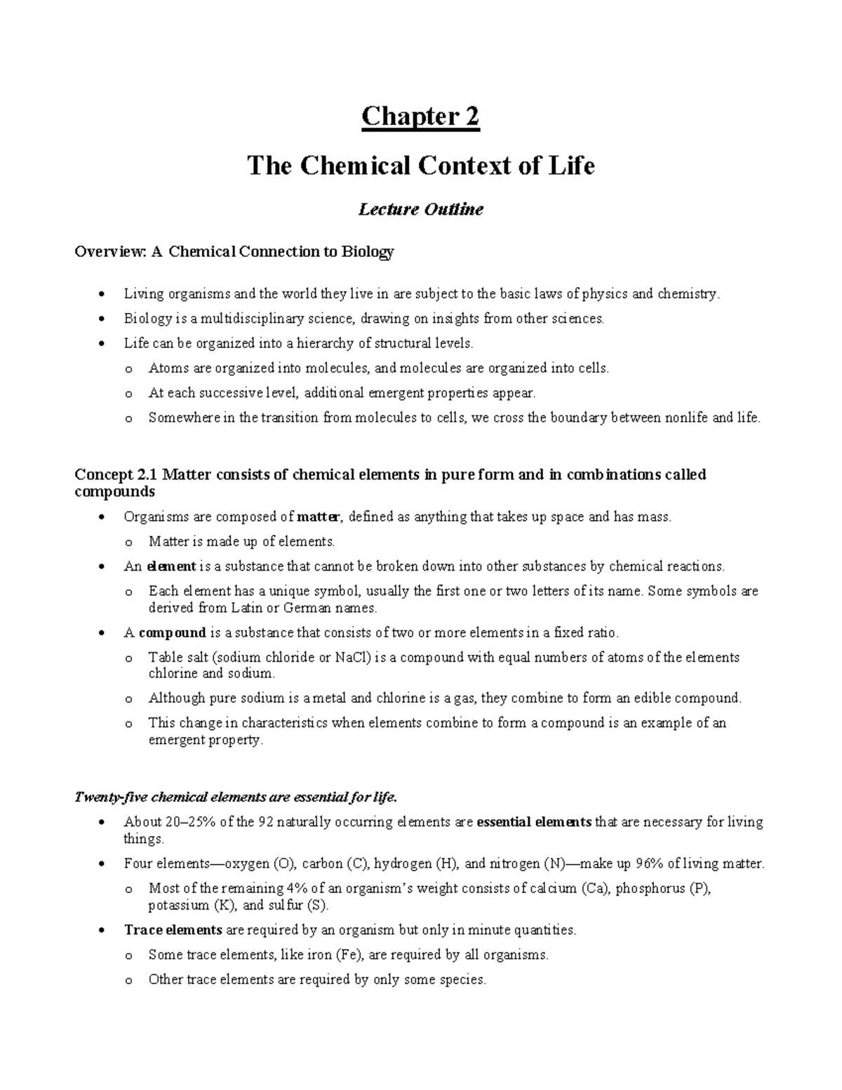 Ch02 Lecture Outline - Chapter 2 The Chemical Context of Life Lecture ...