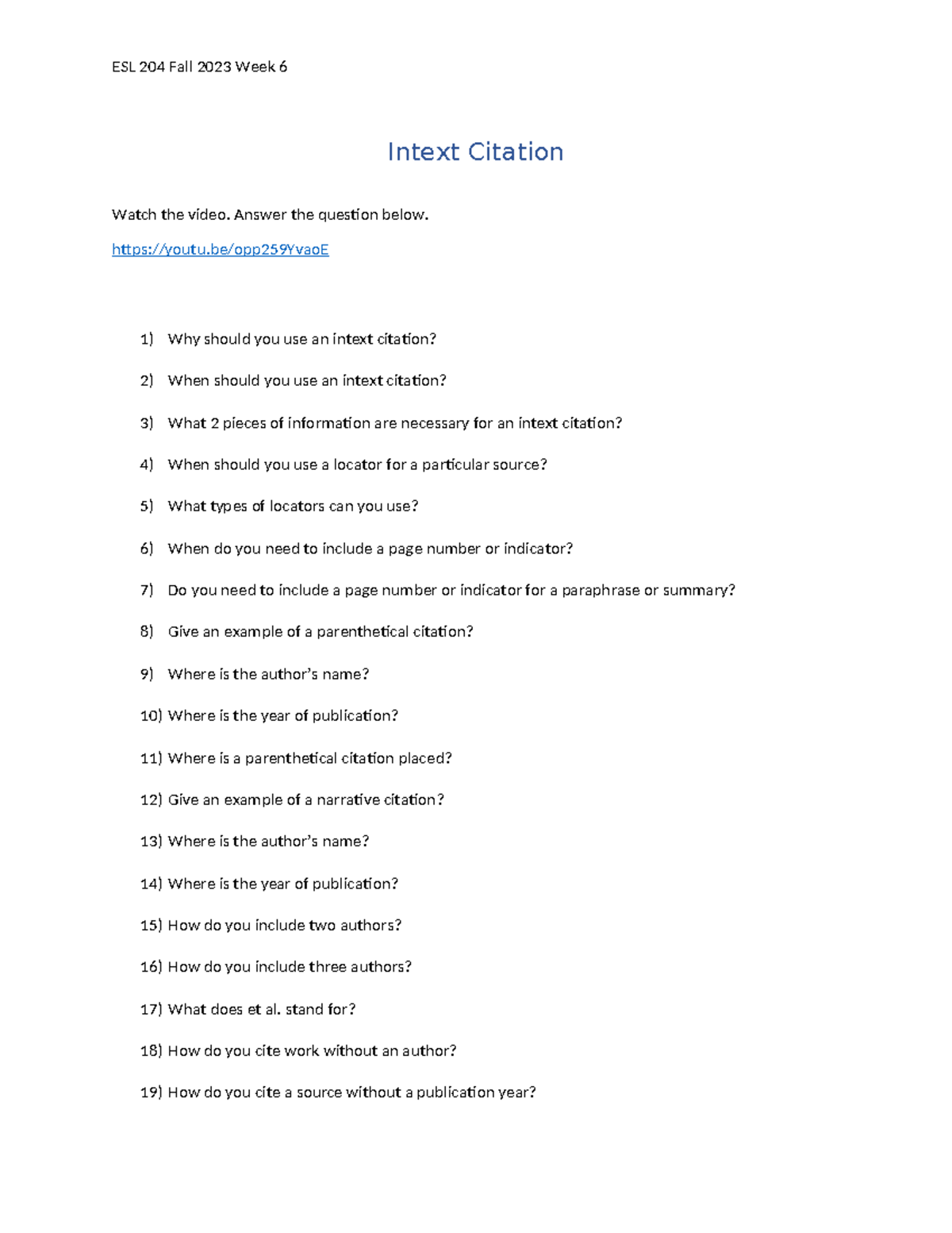Intext Citation video and worksheet - ESL 204 Fall 2023 Week 6 Intext ...