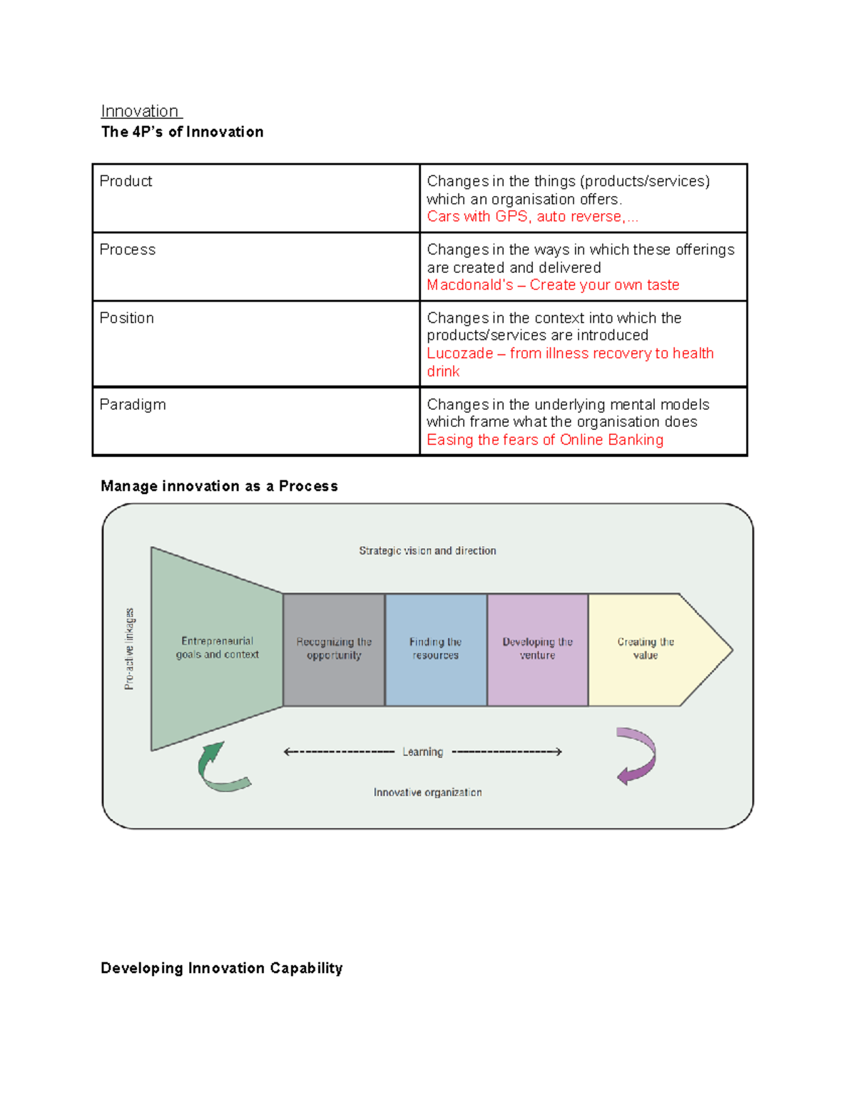 Enterprise Innovation and Markets Week 1 Notes - Innovation The 4P’s of ...