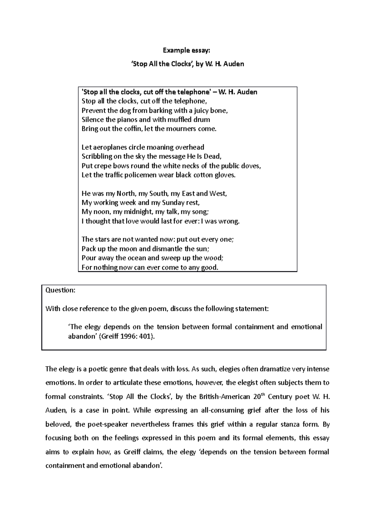 EDUCATIONAL STUDIES - Example essay: ‘Stop All the Clocks’, by W. H ...