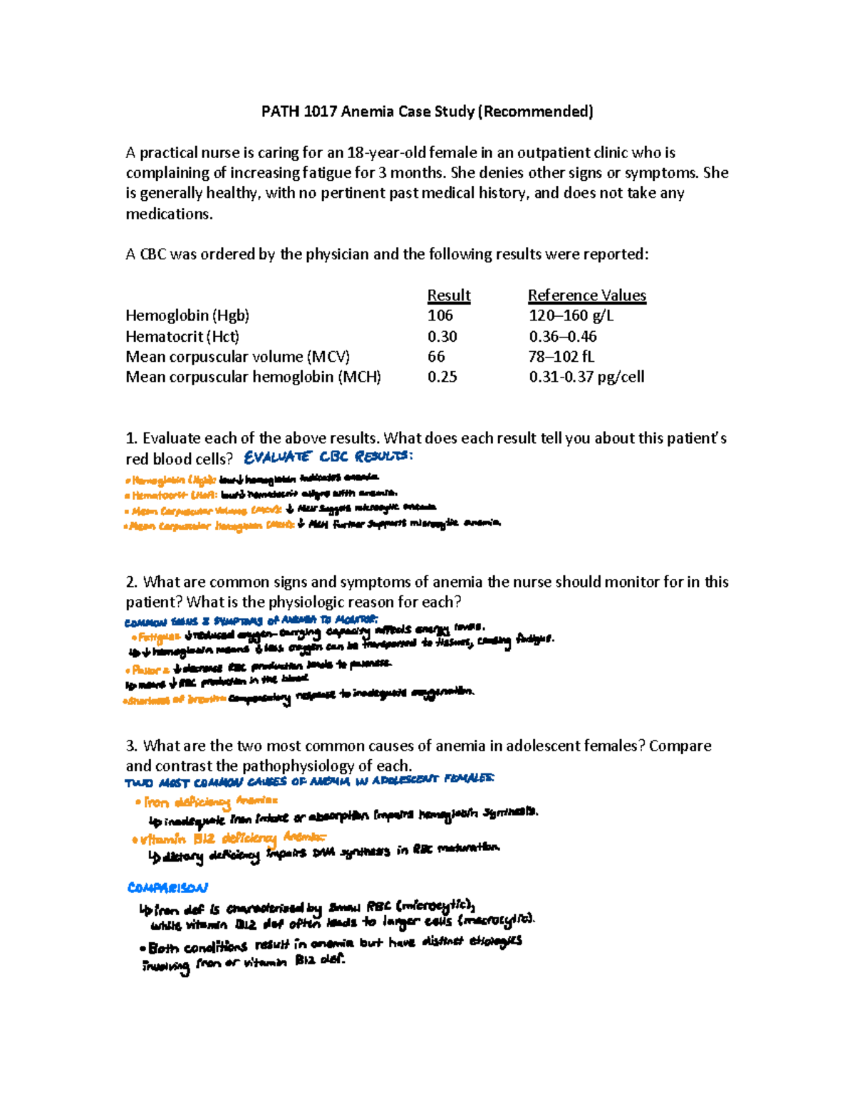 Week 2 Anemia Case study - PATH 1017 Anemia Case Study (Recommended) A ...