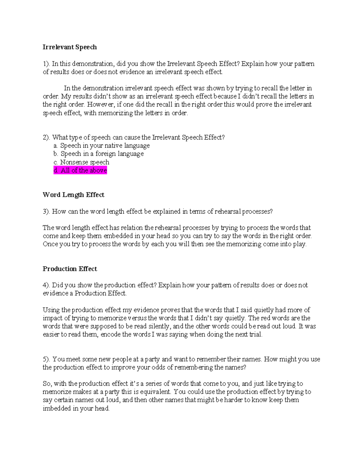 3. Irrelevant speech, Word length, Production effect Questions ...