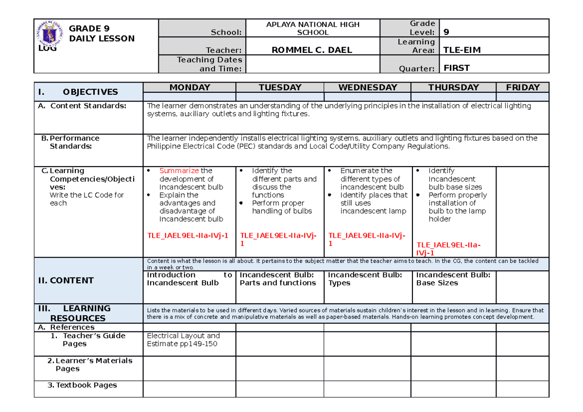 Week 06 - n/a - GRADE 9 DAILY LESSON LOG School: APLAYA NATIONAL HIGH ...