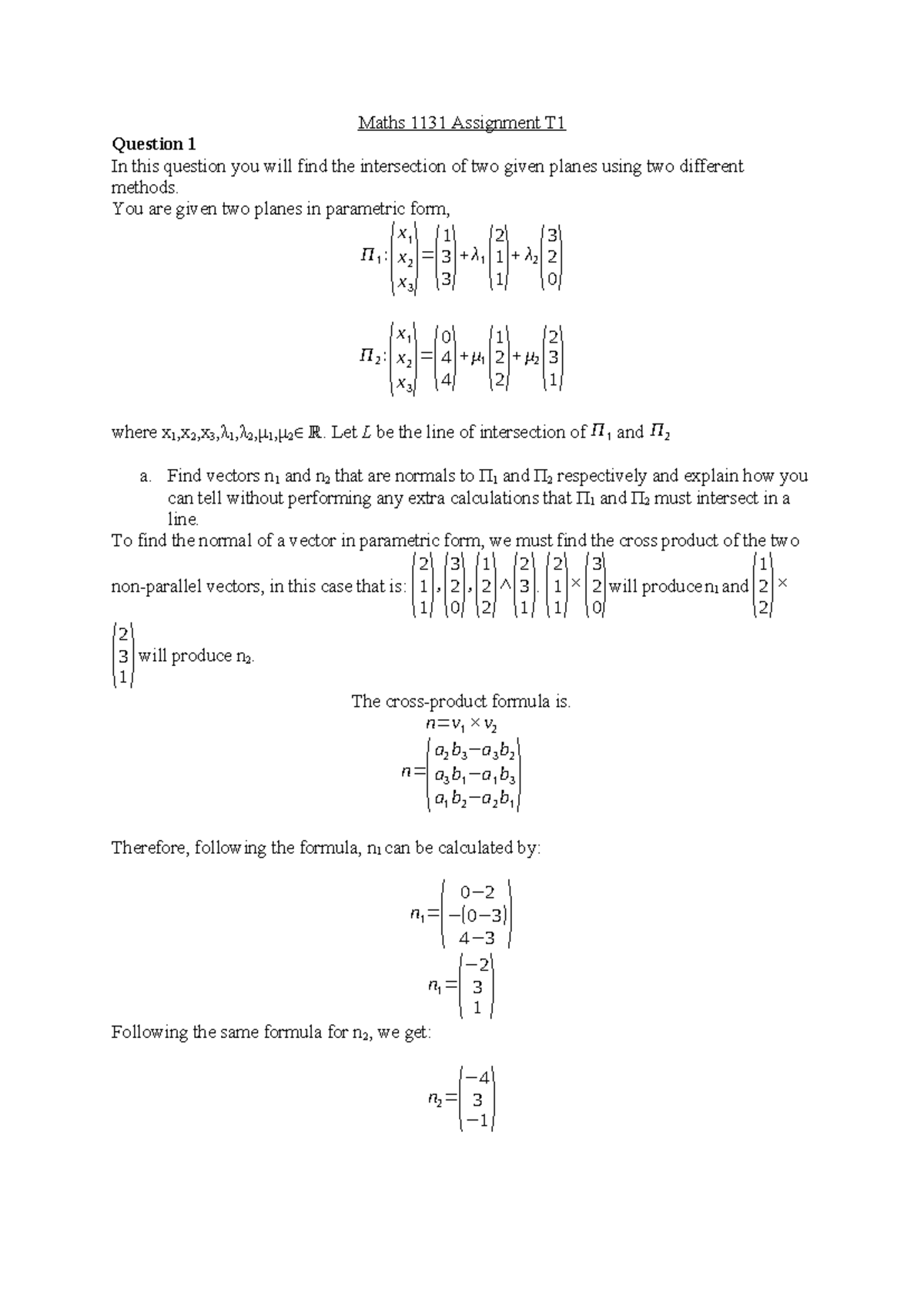 Math 1131 Assignment - Maths 1131 Assignment T Question 1 In this question you will find the ...