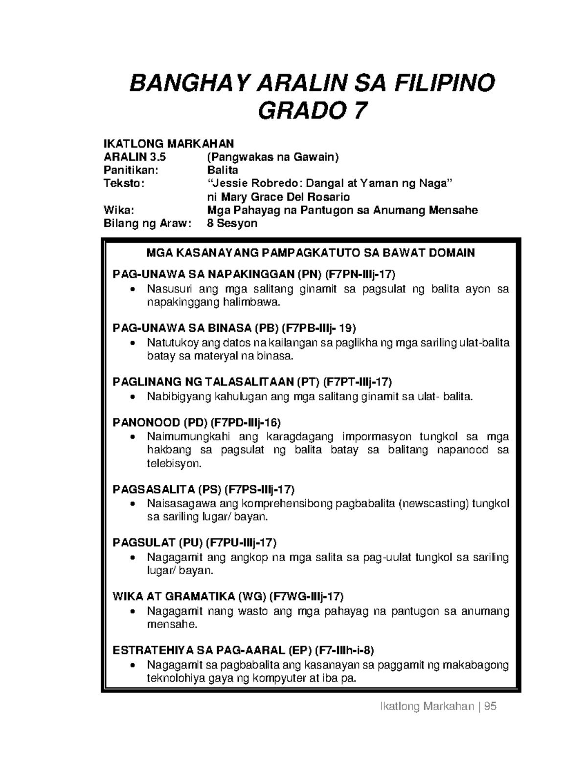 3.5 ( Balita) - LESSON - BANGHAY ARALIN SA FILIPINO GRADO 7 IKATLONG ...