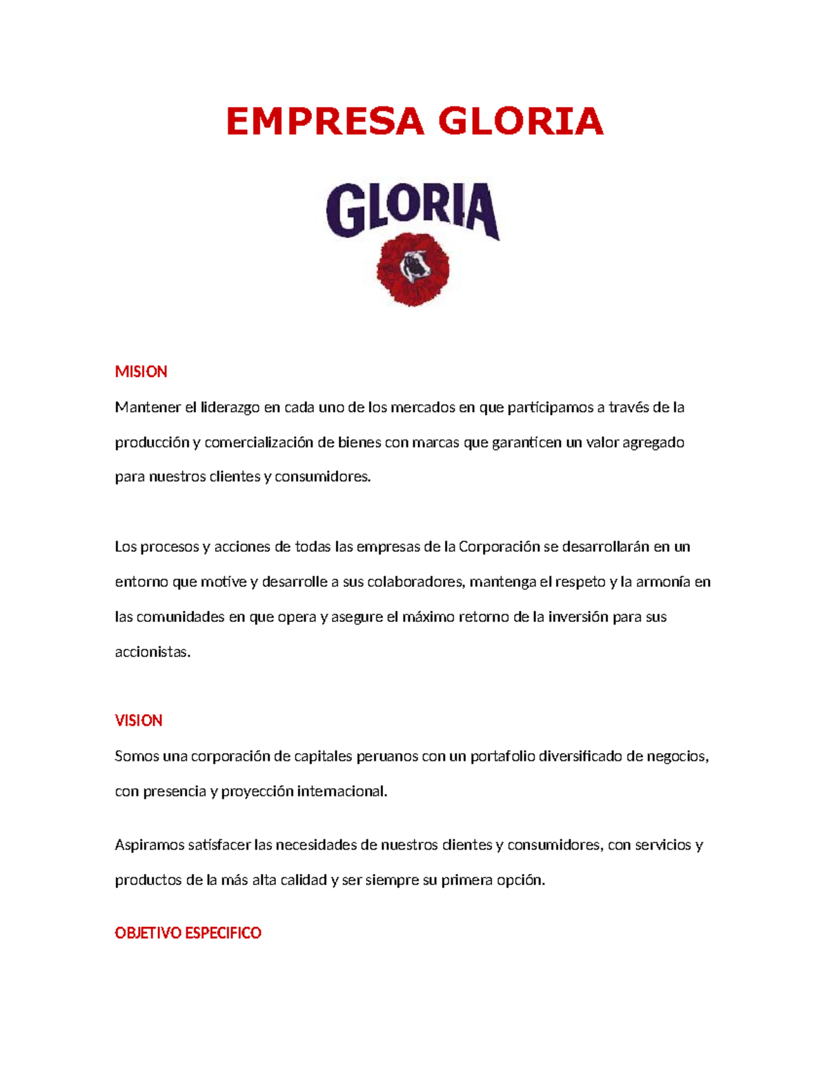270623381-Empresa-Gloria - EMPRESA GLORIA MISION Mantener el liderazgo ...