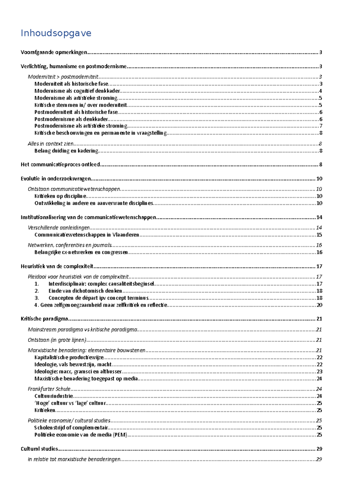 Communicatiewetenschappen 2 sv - Inhoudsopgave Voorafgaande - Studocu