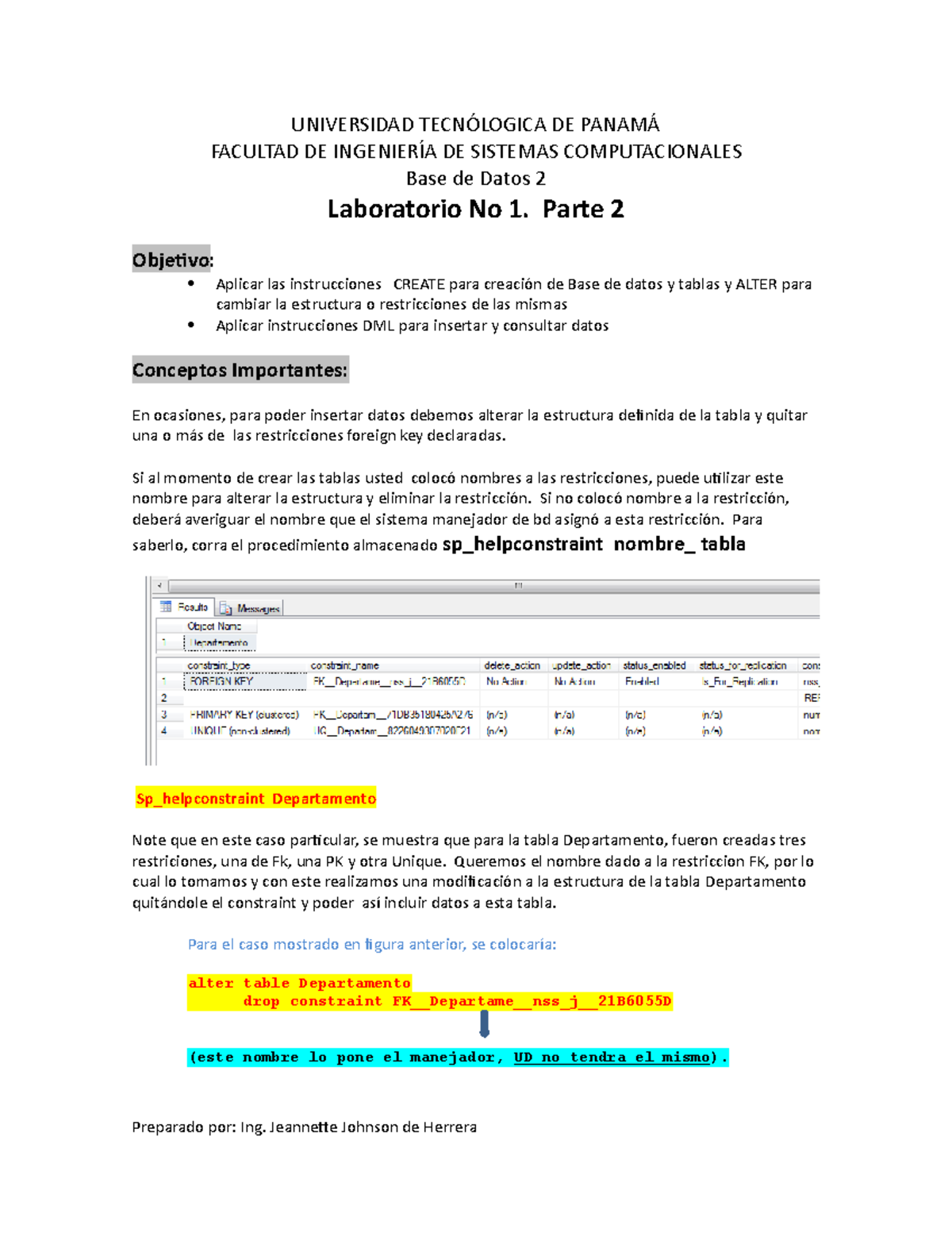 Laboratorio No 1. Parte 2, Creacion de tablas, insertar datos, borrar ...