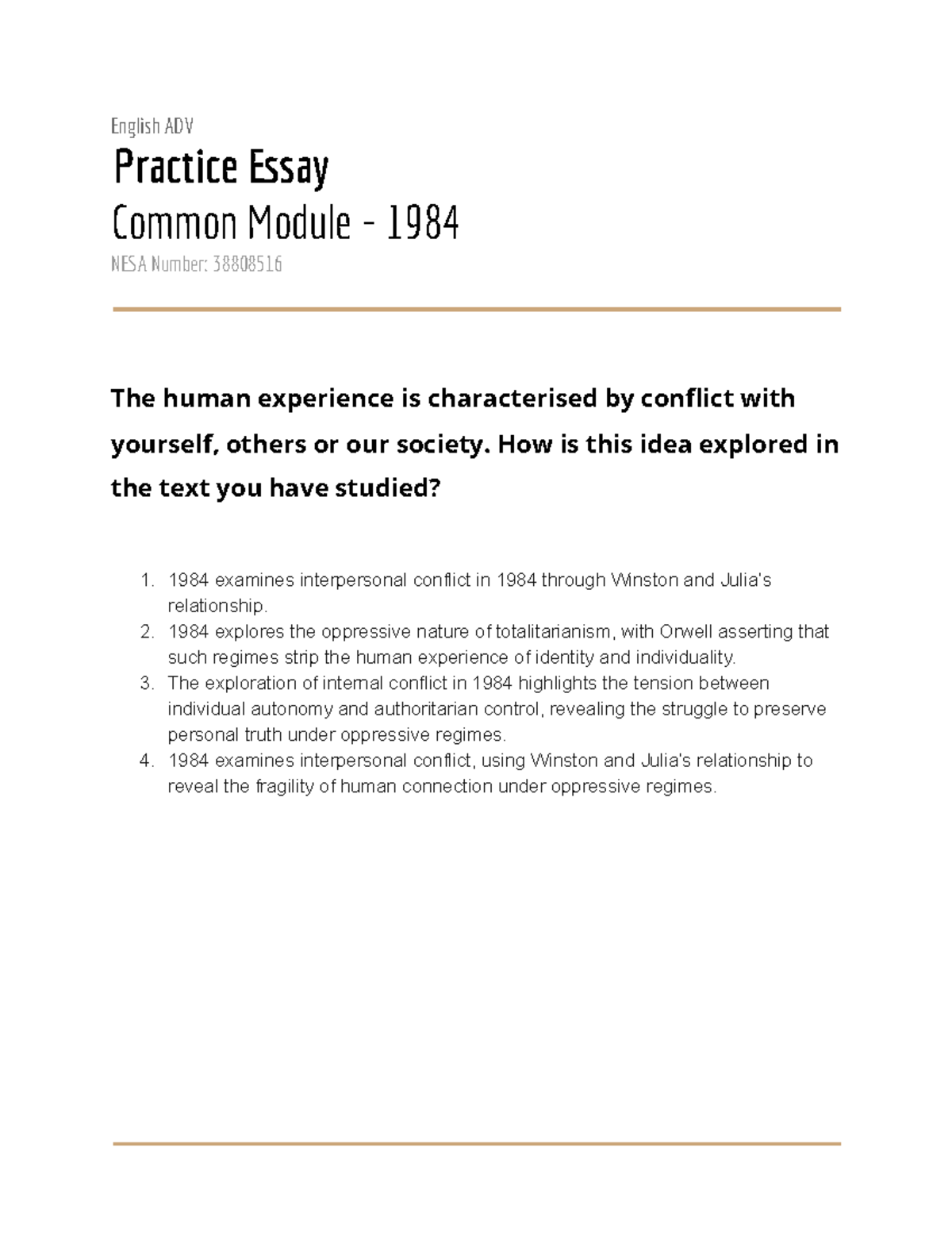 English ADV Practice Essay Common Module - 1984 NESA Number 38808516 ...