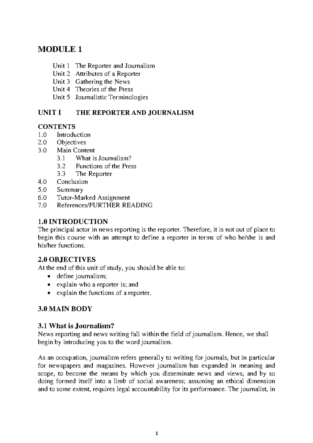 JLS823-NEWS Reporting- Complete docx - MODULE 1 Unit 1 The Reporter and ...
