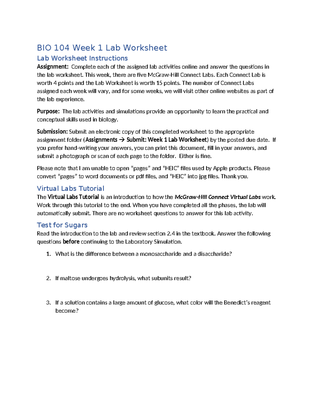 Week 1 Lab Worksheet - assighnment - BIO 104 Week 1 Lab Worksheet Lab Worksheet Instructions ...