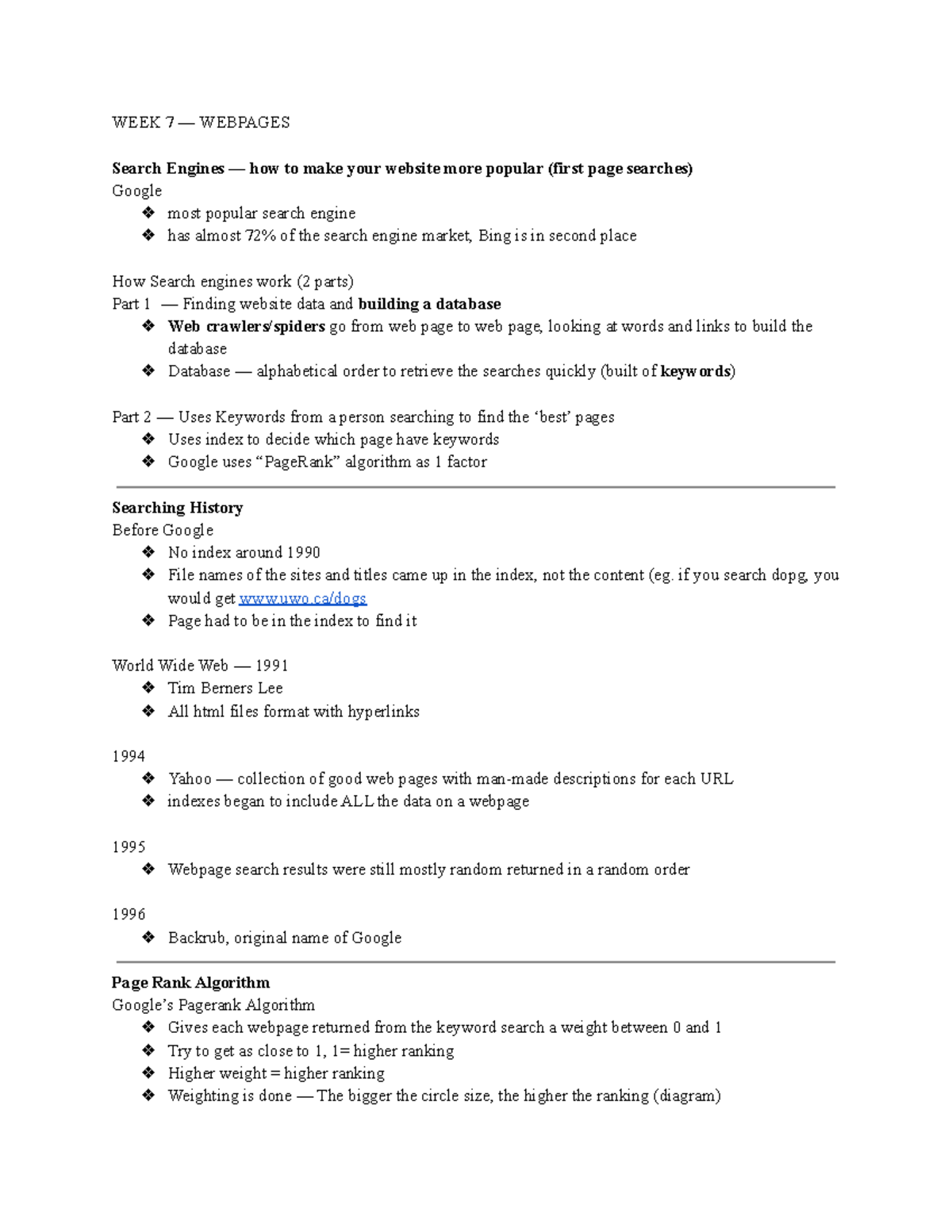 Week 7 Lecture Notes - WEEK 7 — WEBPAGES Search Engines — how to make ...