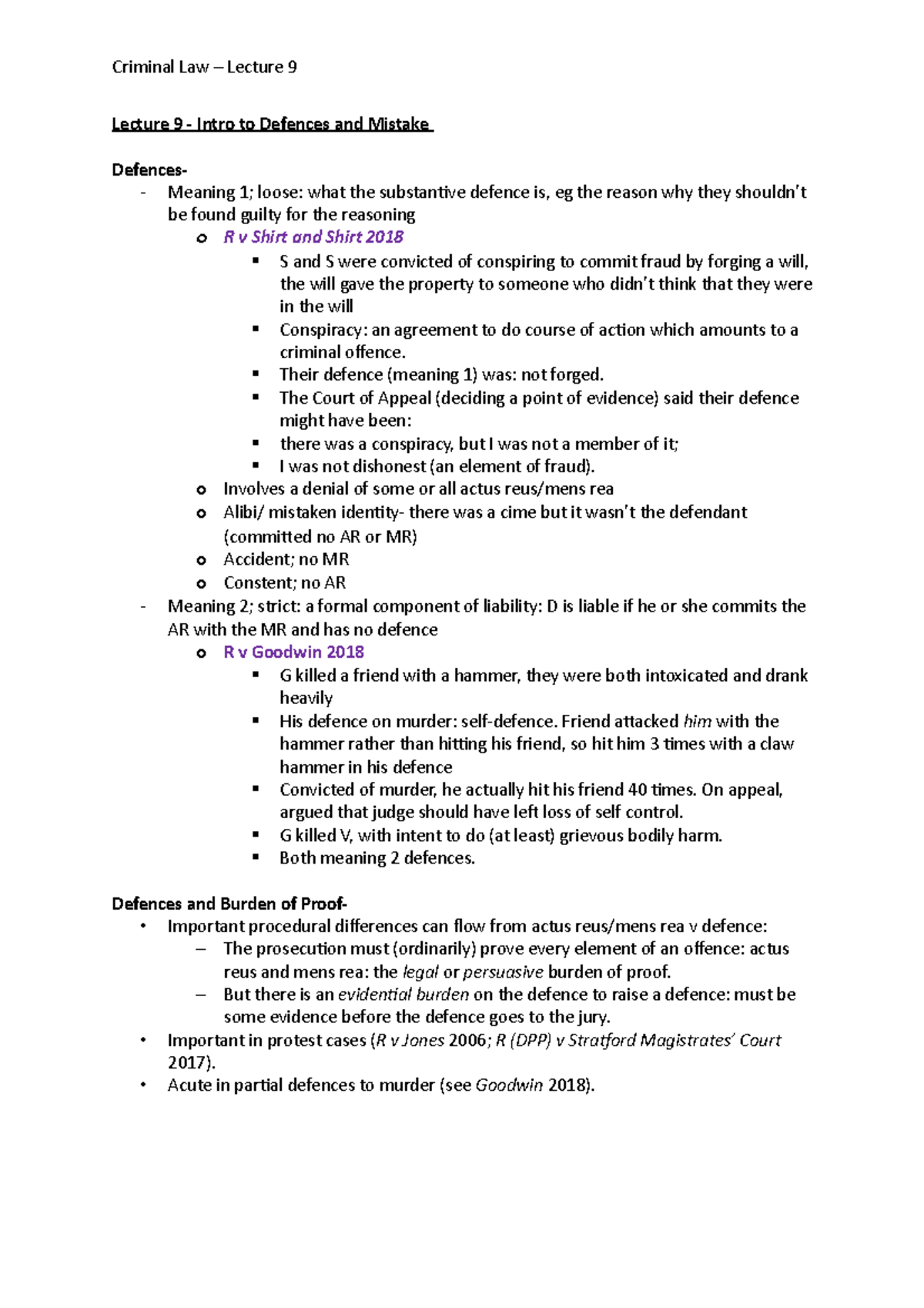 Lecture 9 - intro to defences & mistake - Criminal Law – Lecture 9 Lecture 9 - Intro to Defences ...