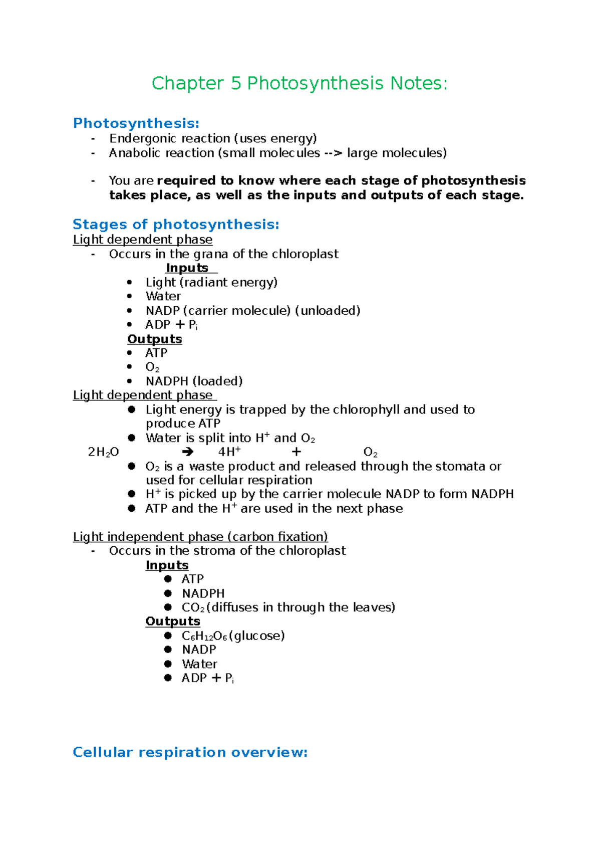 Chapter 5 photosynthesis + cell resp Notes - Chapter 5 Photosynthesis ...