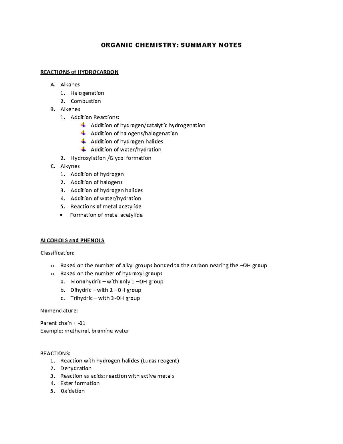 Organic Chemistry Summary Notes - ORGANIC CHEMISTRY: SUMMARY NOTES ...