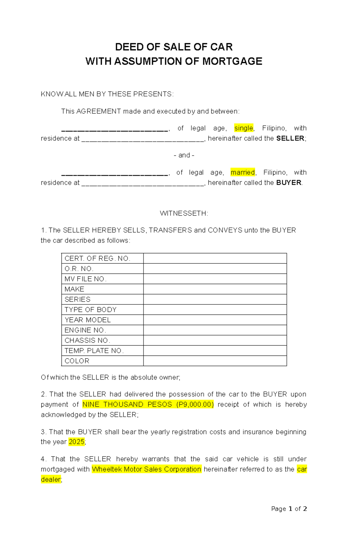 DEED OF SALE OF CAR WITH Assumption OF Mortgage - DEED OF SALE OF CAR ...