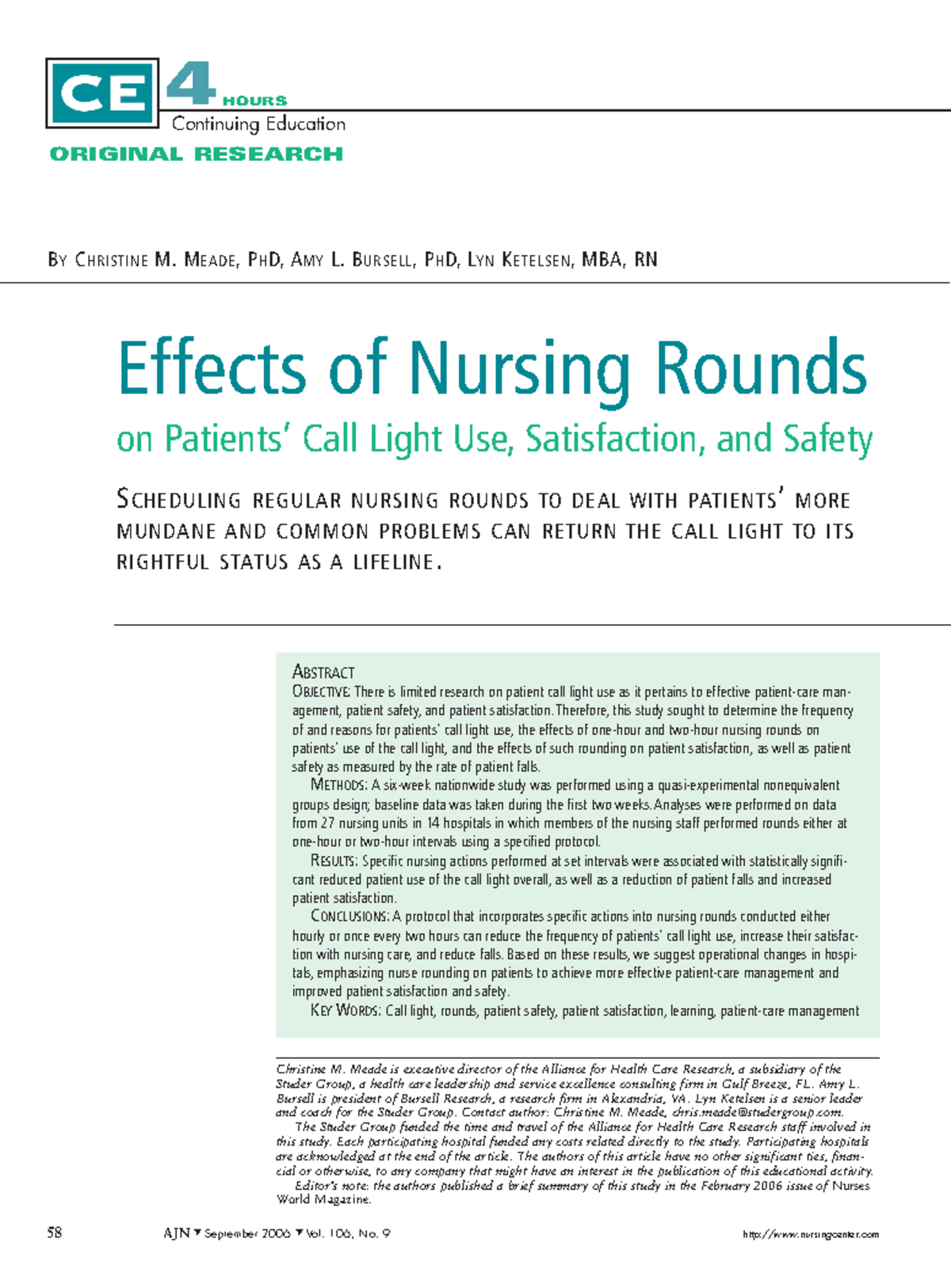 Effects of Nursing Rounds on Patients’ Call Light Use, Satisfaction ...