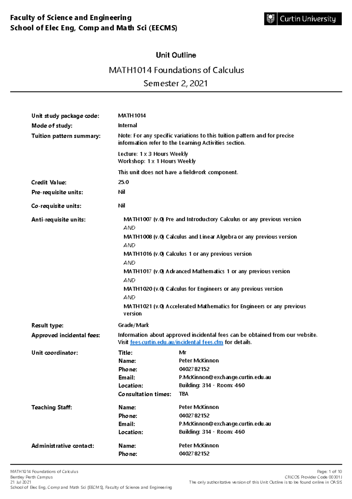 MATH1014 Foundations of Calculus Semester 2 2021 Bentley Perth Campus ...