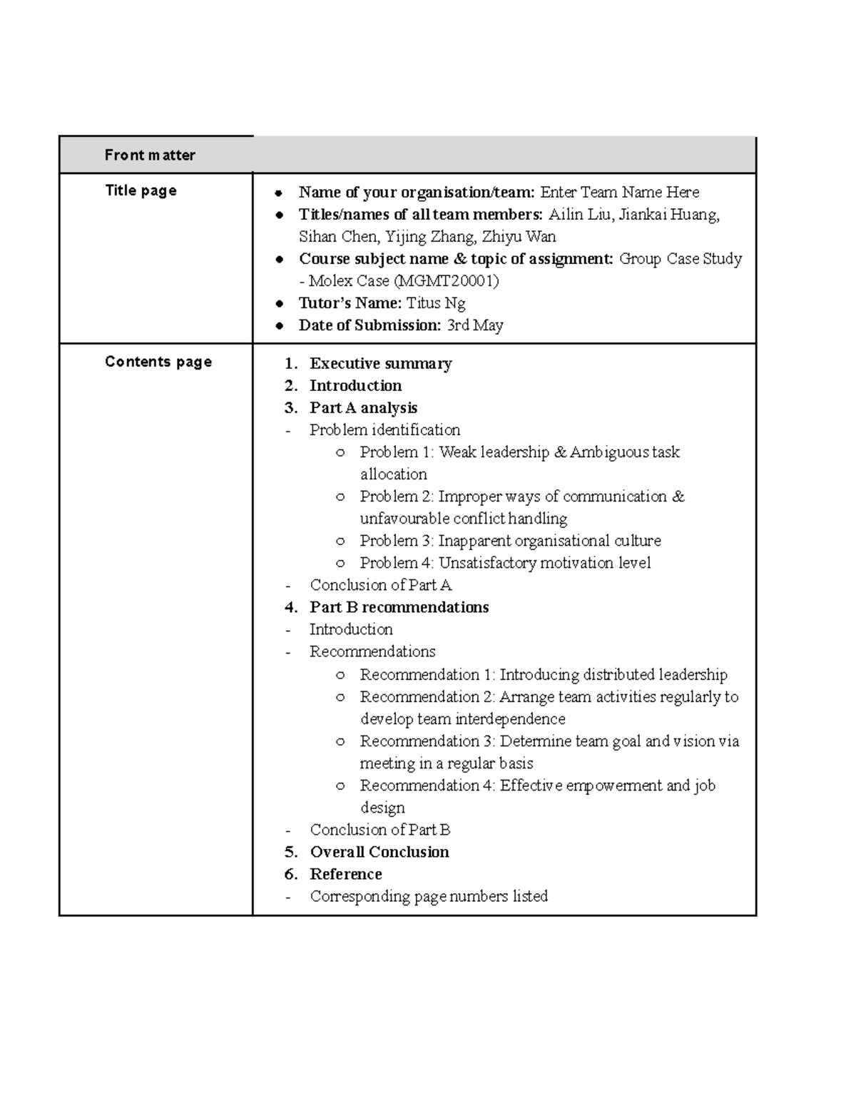 Ob structural plan Example - Front matter Title page Name of your ...