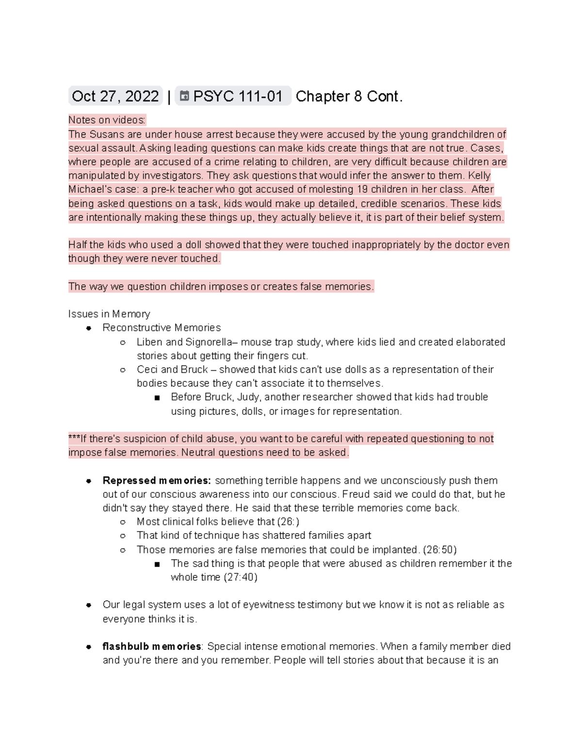 Notes - PSYC 111-01 - Oct 27, 2022 | PSYC 111-01 Chapter 8 Cont. Notes ...