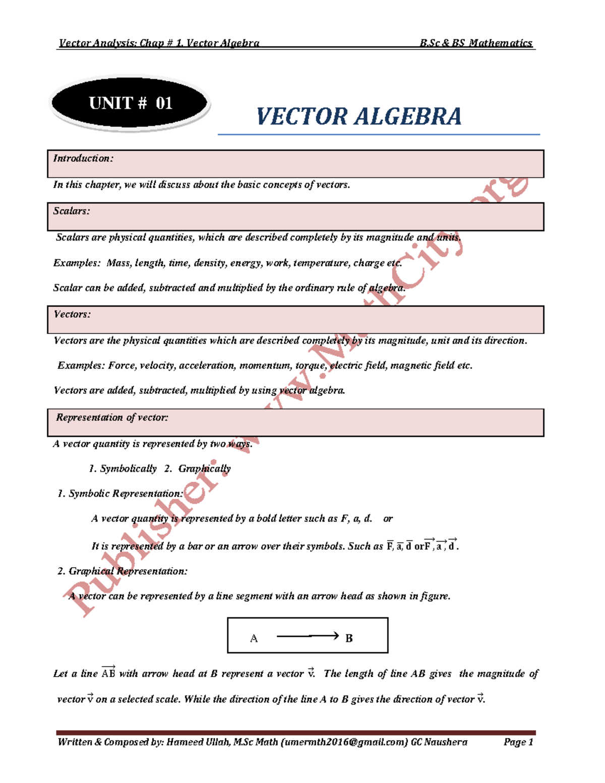 Chapter 1 version 1 of vector analysis written by hameed ullah - UNIT ...