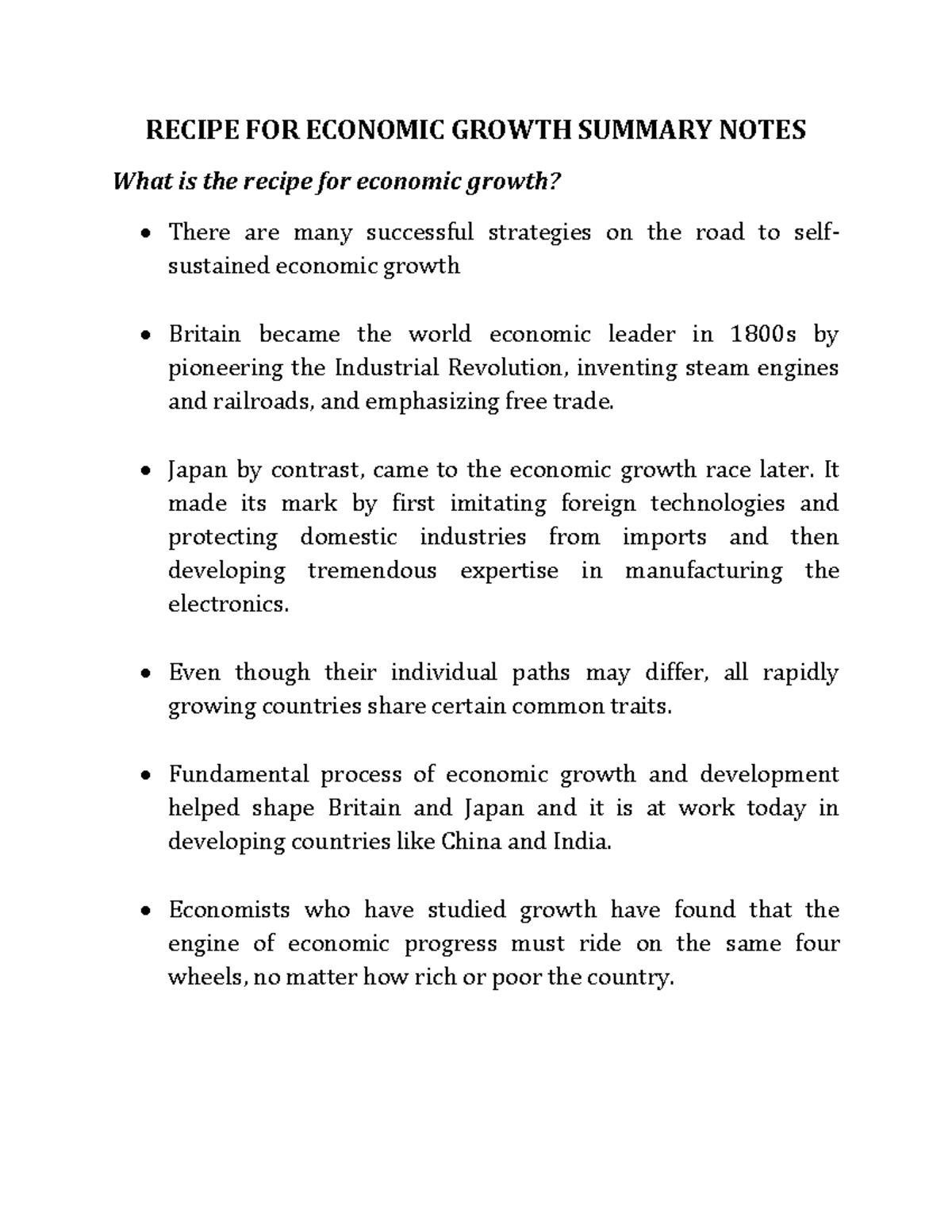 Recipe for Economic Growth Summary Notes - RECIPE FOR ECONOMIC GROWTH ...