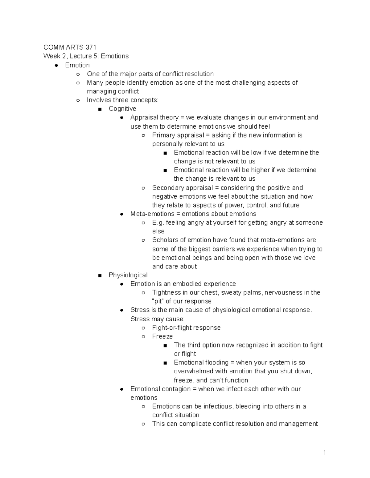 Lecture 5 - COMM ARTS 371 Week 2, Lecture 5: Emotions Emotion One of the major parts of conflict ...