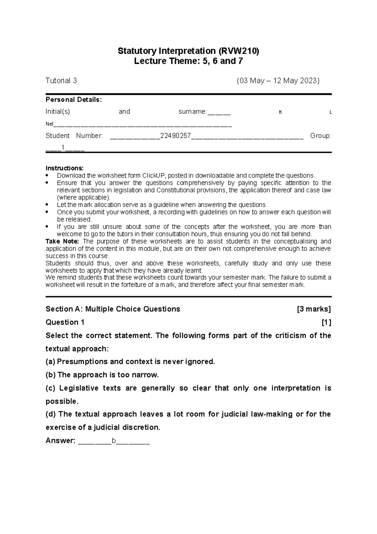 RVW worksheet 3 - Statutory Interpretation (RVW210) Lecture Theme: 5, 6 ...