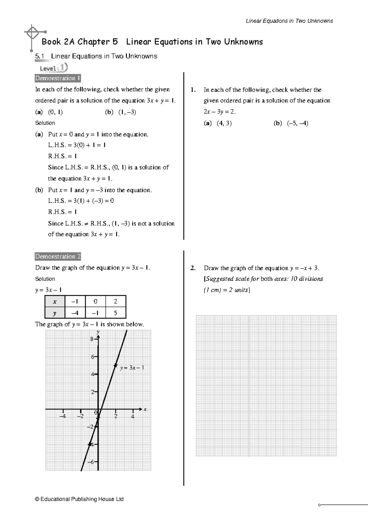 2AE 12 Feb math Exercises on Ch5 - Linear Equations in Two Unknowns y = 3 x – 1 y 0 6 8 4 4 – 2 ...