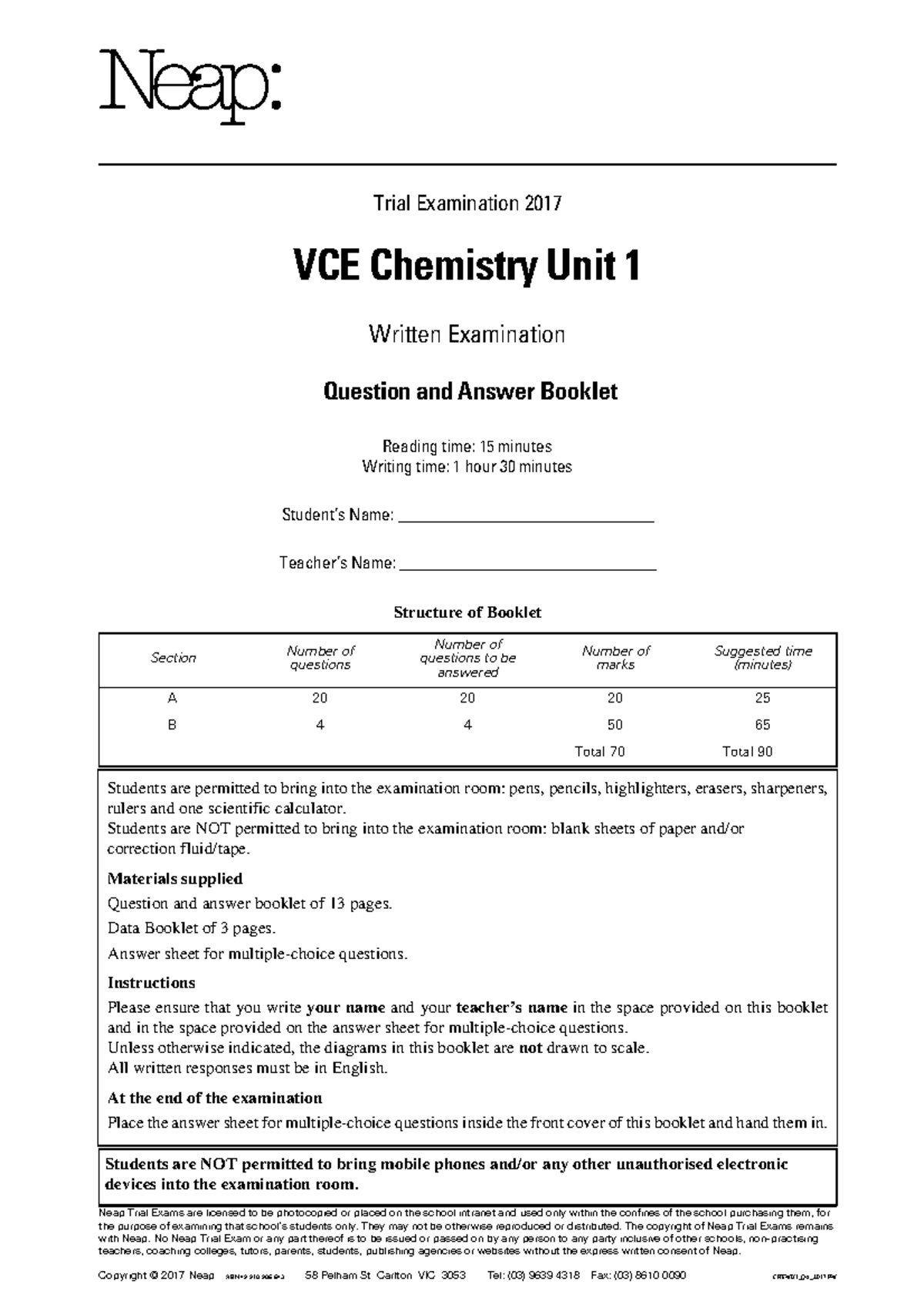 2017 Unit 1 Chemistry Unit 1 Questions Booklet 2 - Neap Trial Exams are ...