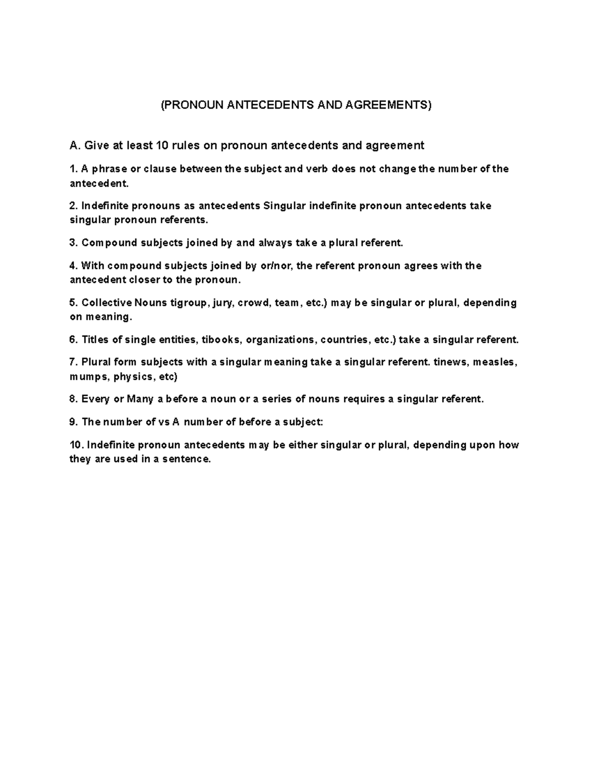 Pronoun Antecedents AND Agreements - (PRONOUN ANTECEDENTS AND ...