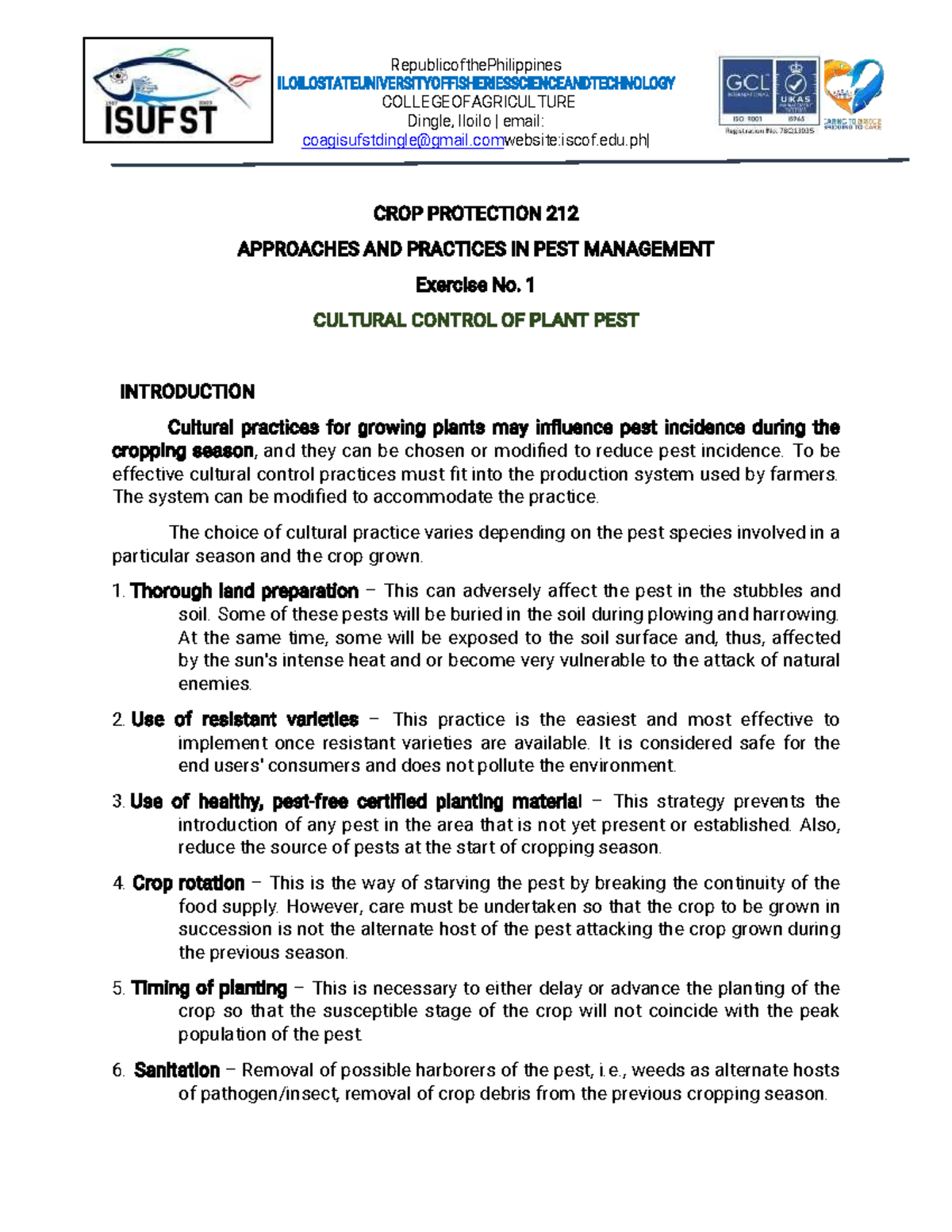 Crop-Prot-212-Excercise-1 - ILOILOSTATEUNIVERSITYOFFISHERIESSCIENCEANDTECHNOLOGY - Studocu