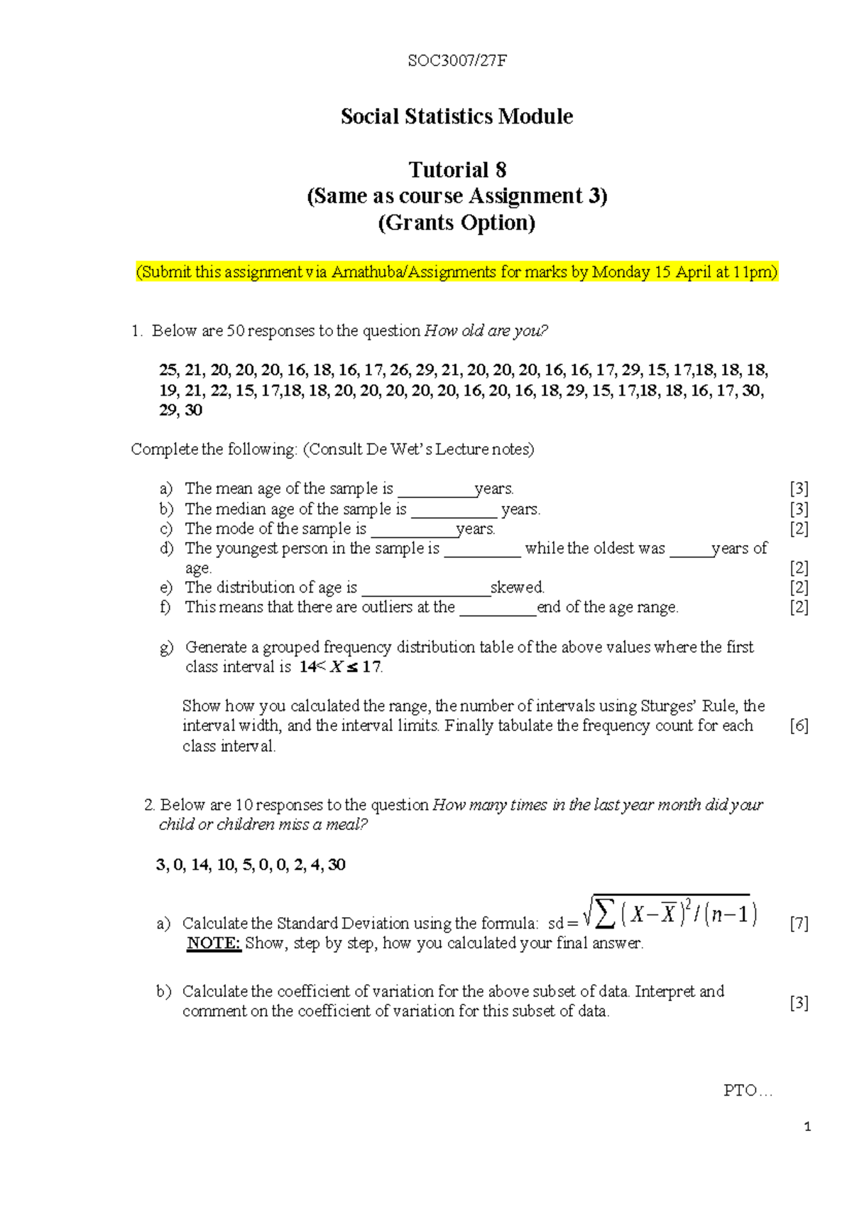 Stats Assignment - SOC3007/27F Social Statistics Module Tutorial 8 (Same as course Assignment 3 ...