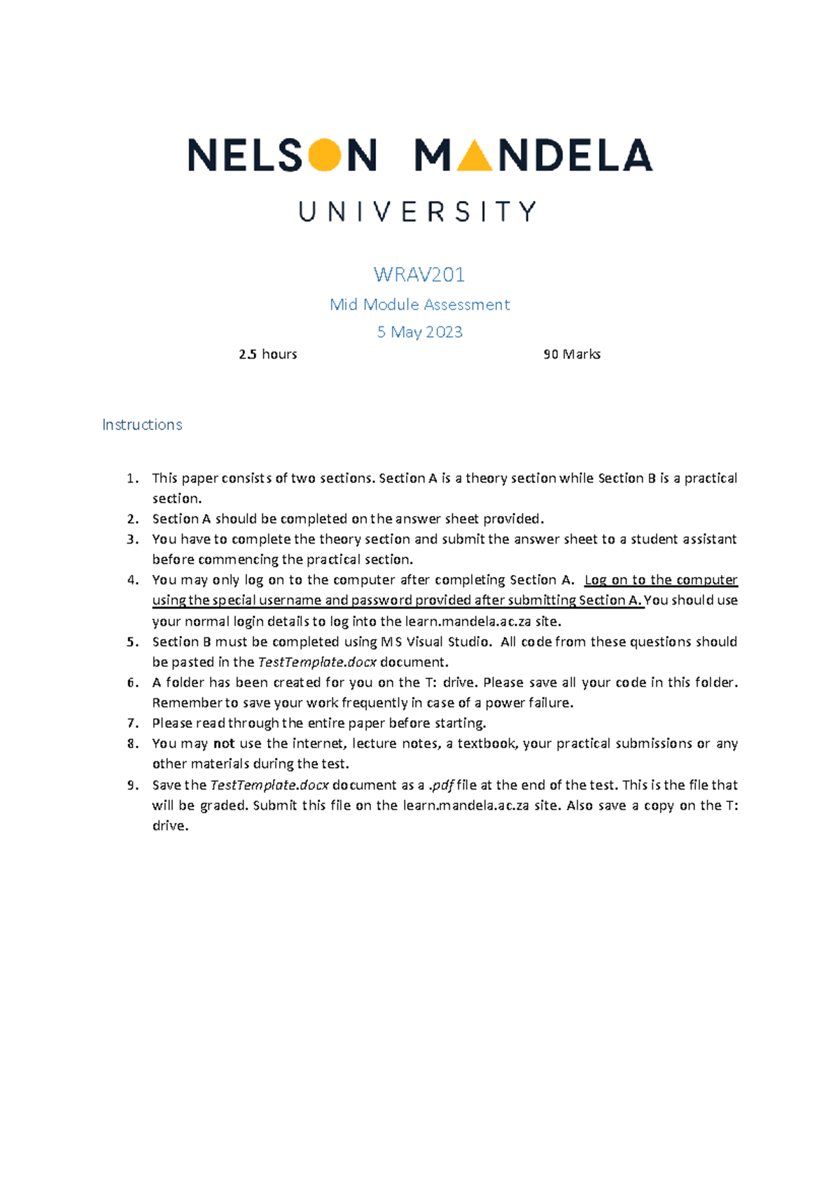 Mid Module Assessment 2023 - WRAV20 1 Mid Module Assessment 5 May 2023 ...