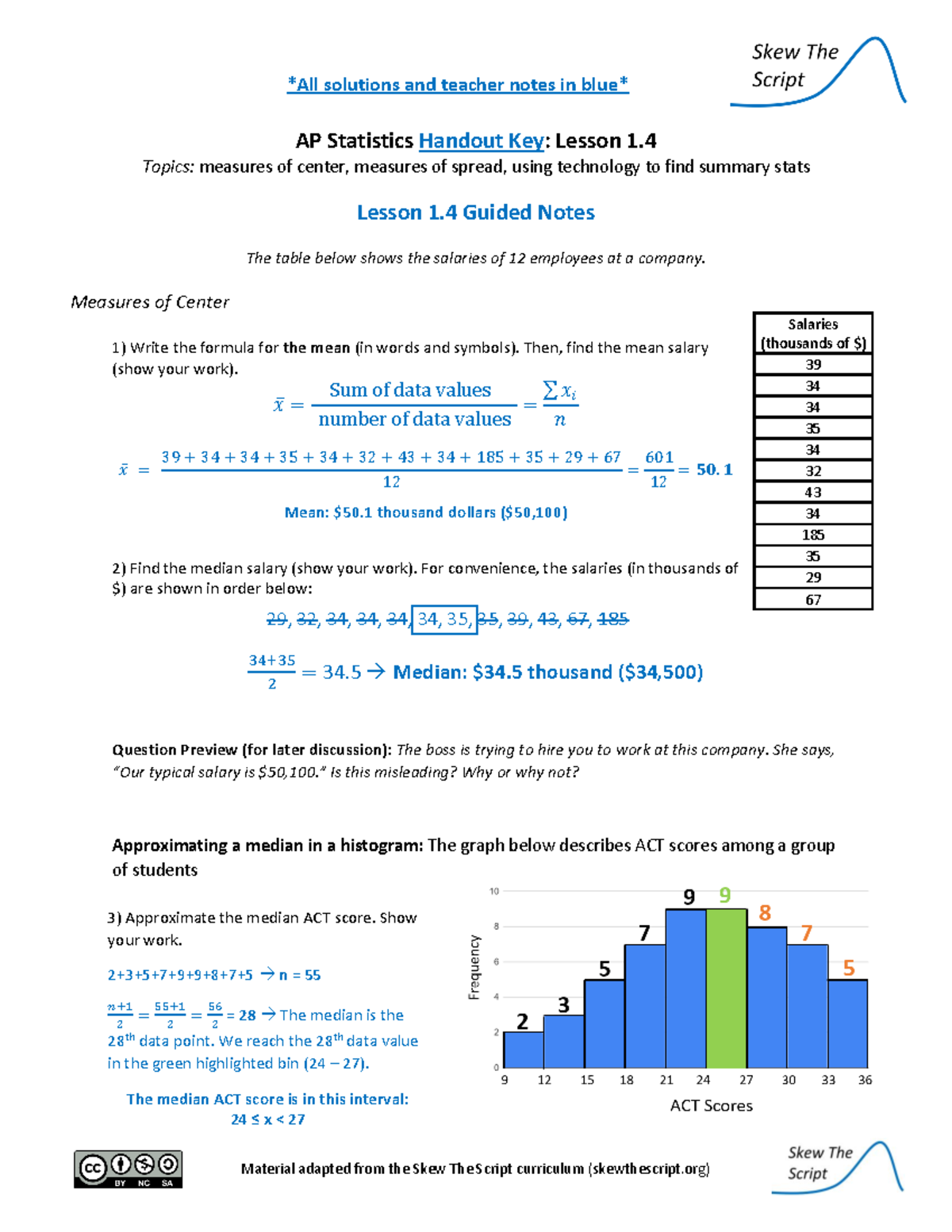 1.4.STS - 1232 - AP Statistics Handout Key: Lesson 1. 4 Topics ...