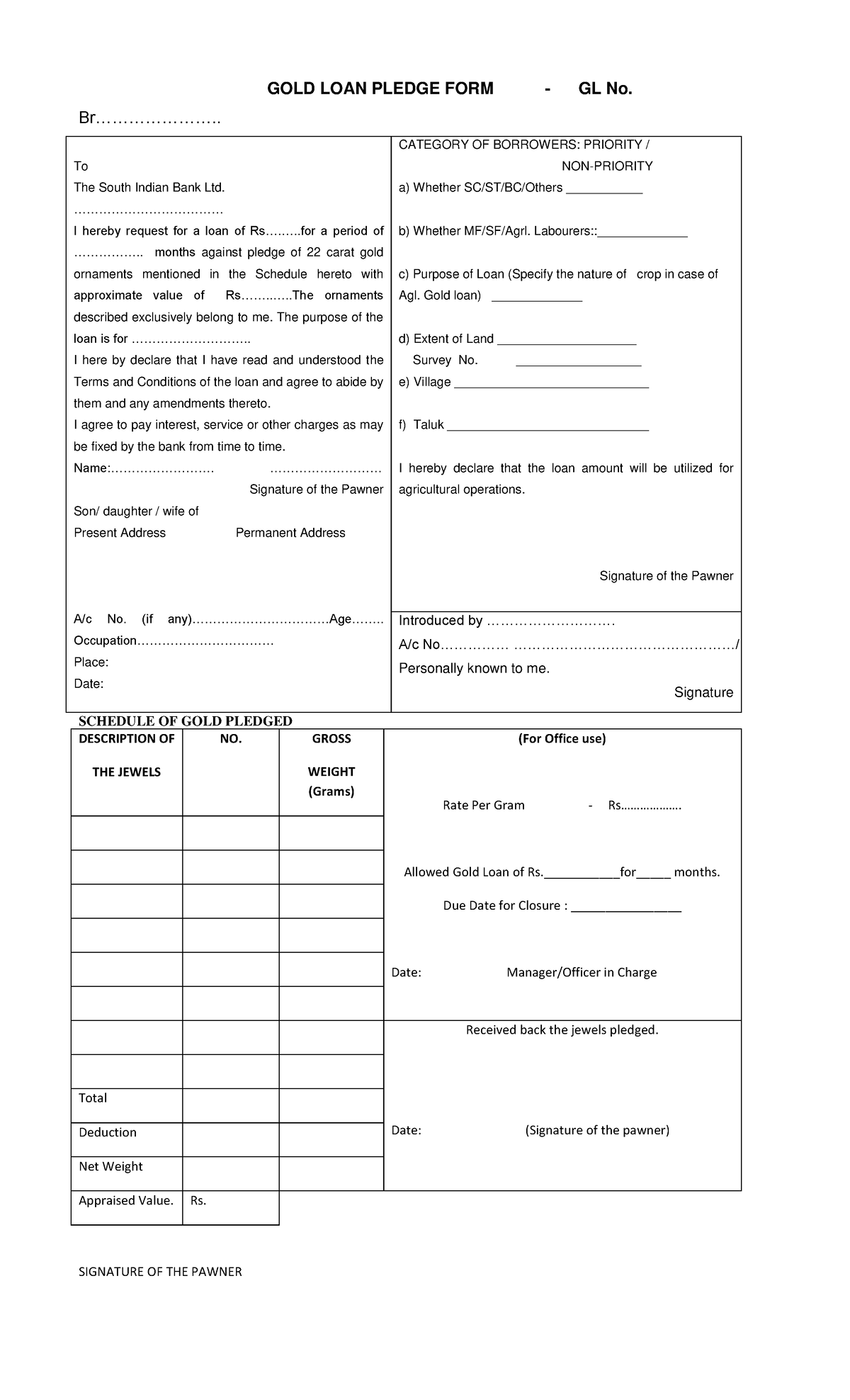 Gold Loan Receipt - fdfds - GOLD LOAN PLEDGE FORM - GL No. Br ...