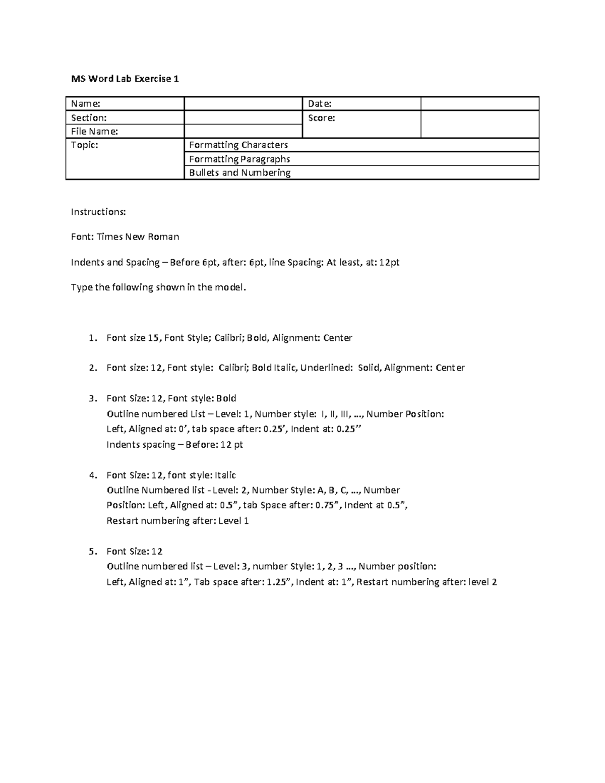 MS Word Lab Exercise 1 - Gvggg - MS Word Lab Exercise 1 Name: Section: Date:Score: File Name ...