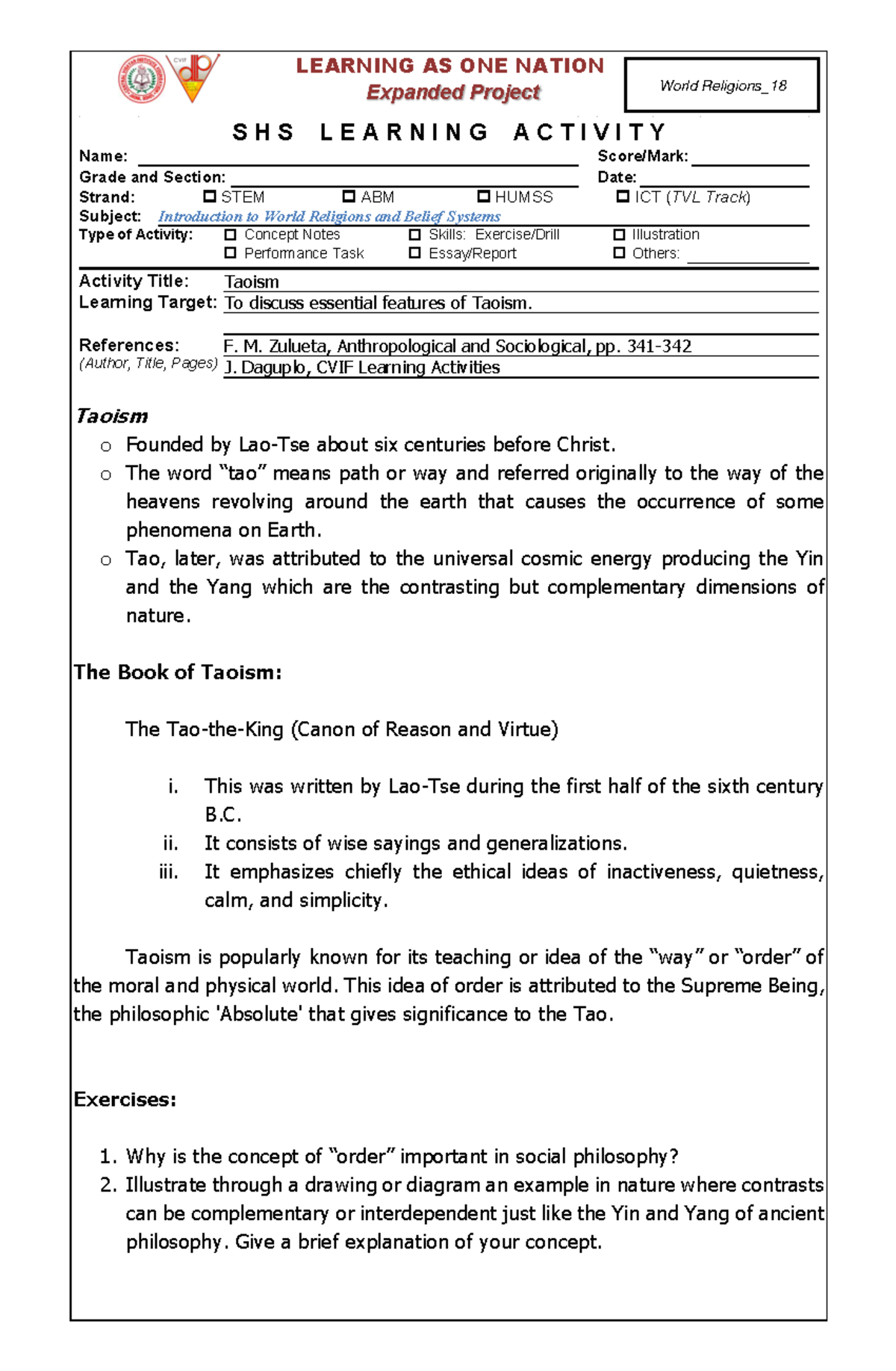 World Religions LAS 18 Taoism - LEARNING AS ONE NATION Expanded Project ...