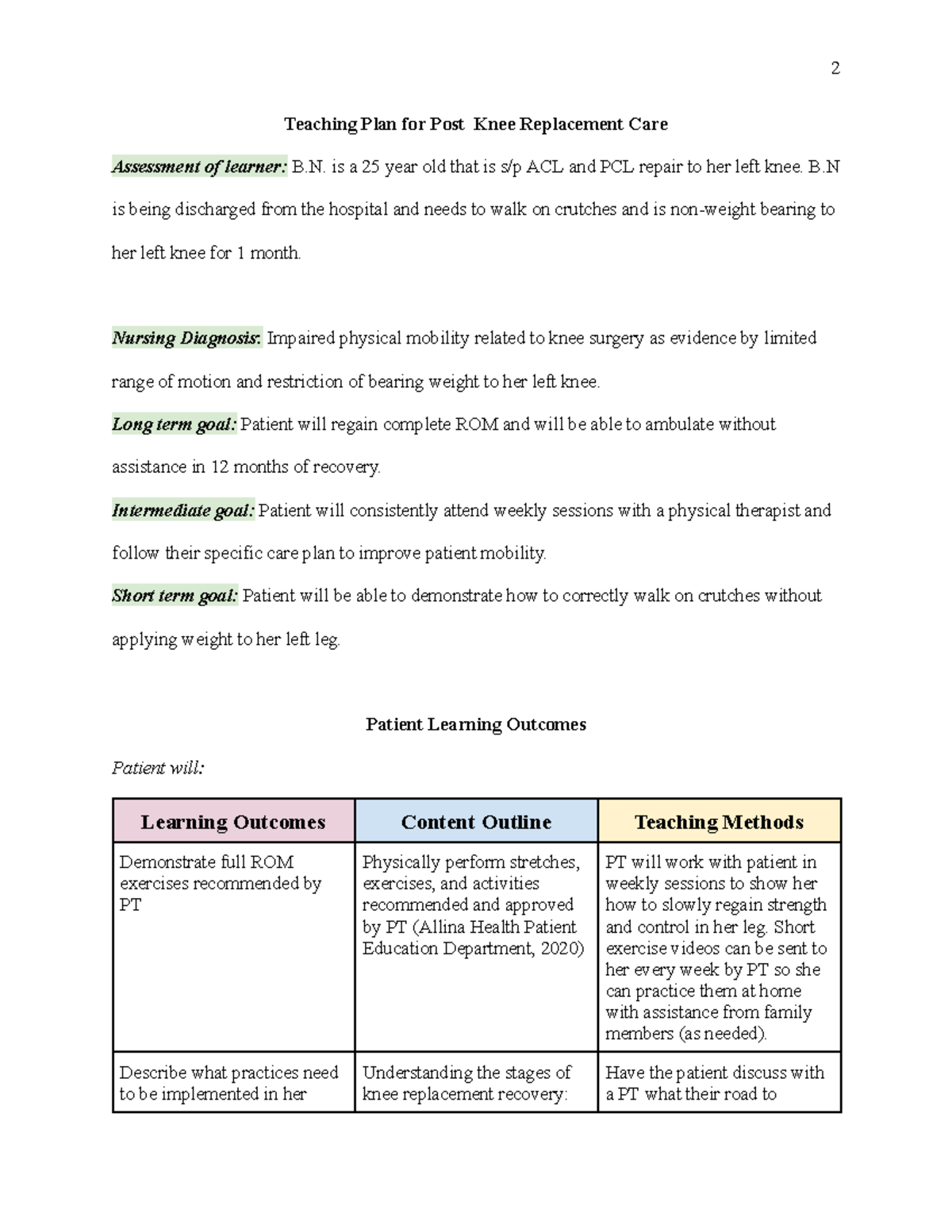 NURS 110 - Developmental Teaching Plan - Teaching Plan for Post Knee ...