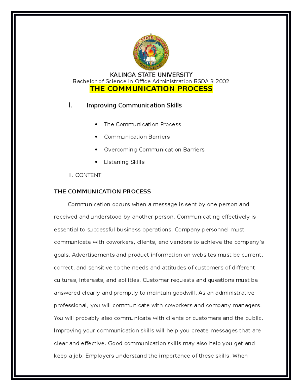 THE Communication Process - KALINGA STATE UNIVERSITY Bachelor of ...